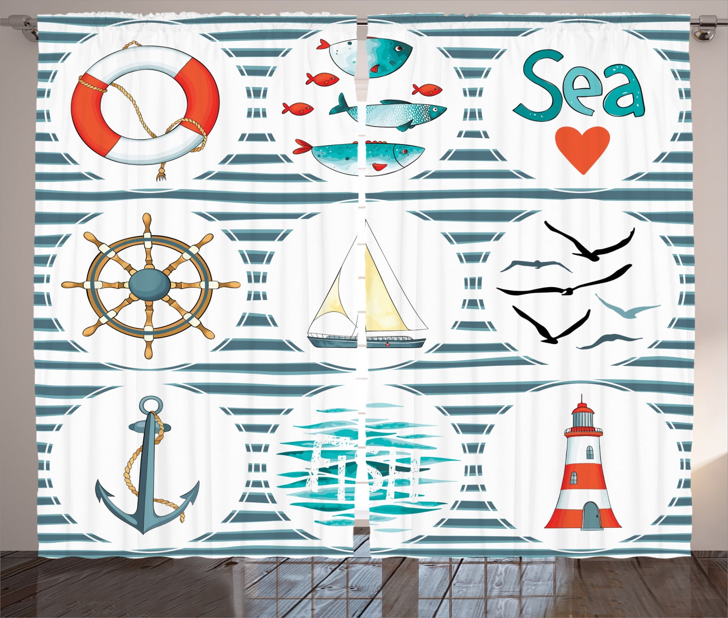 Ambesonne Nautical Curtains 2 Panel Set, Marine Collage, 108" x 84 ...