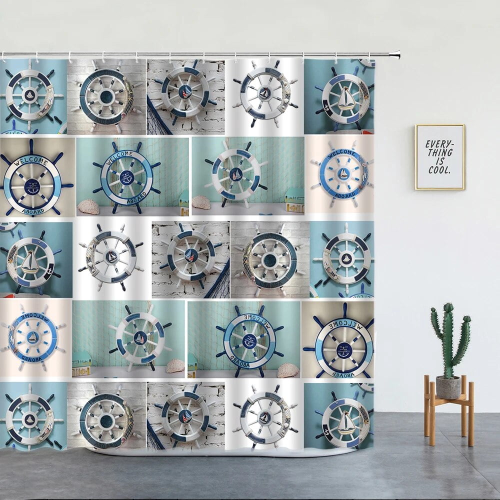 Nautical Decor Shower Curtain Extra Long Coastal Sea Shell Fishing Net ...