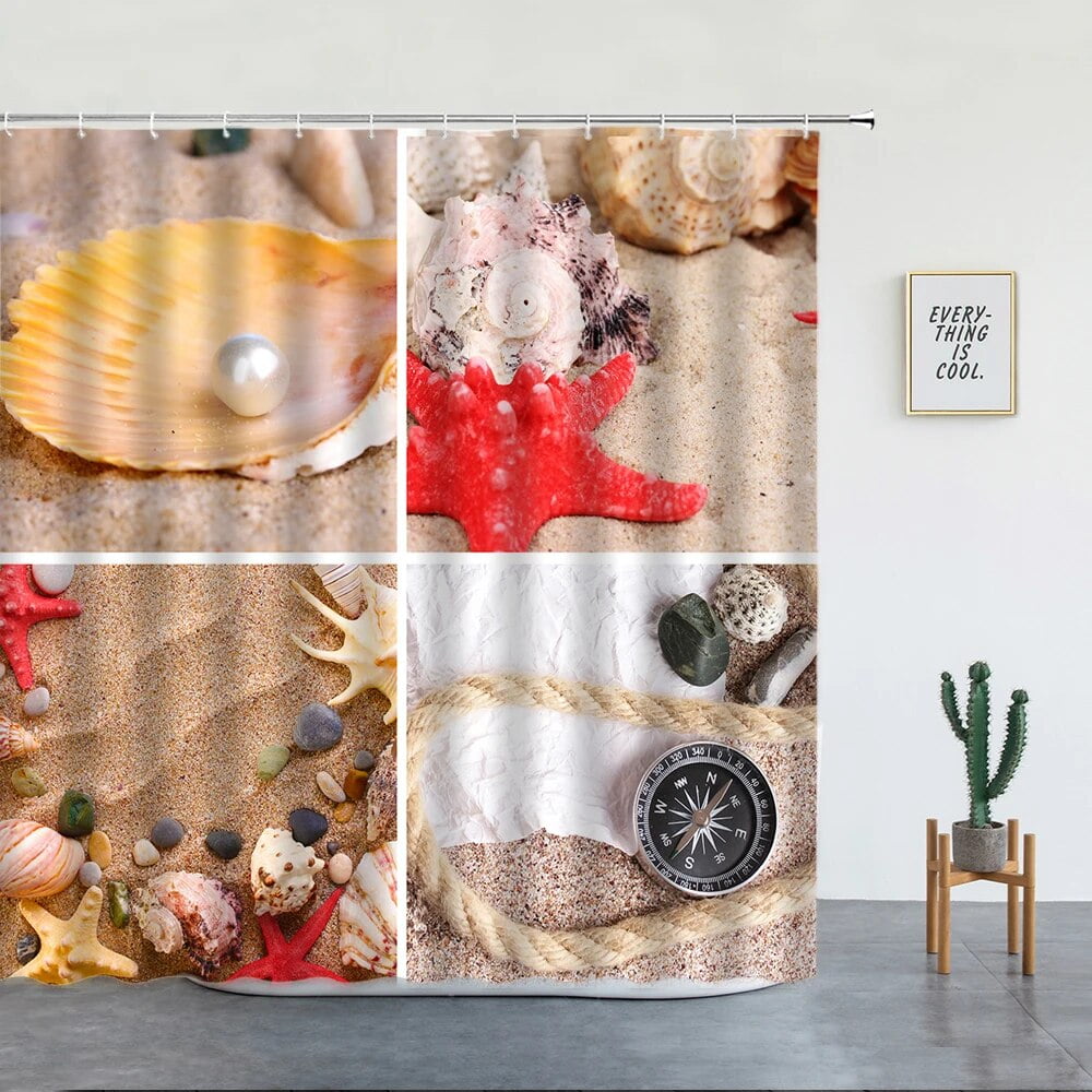 Nautical Decor Shower Curtain Extra Long Coastal Sea Shell Fishing Net ...