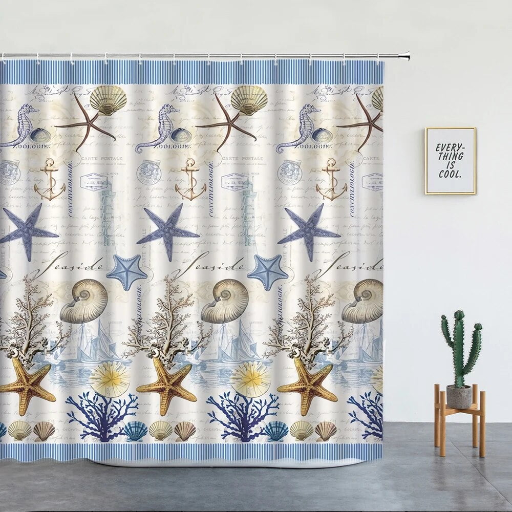 Nautical Decor Shower Curtain Extra Long Coastal Sea Shell Fishing Net ...