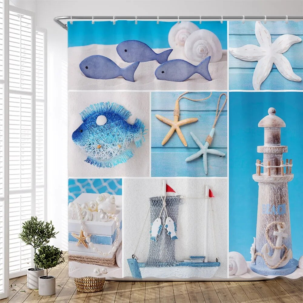 Nautical Decor Shower Curtain Extra Long Coastal Sea Shell Fishing Net ...