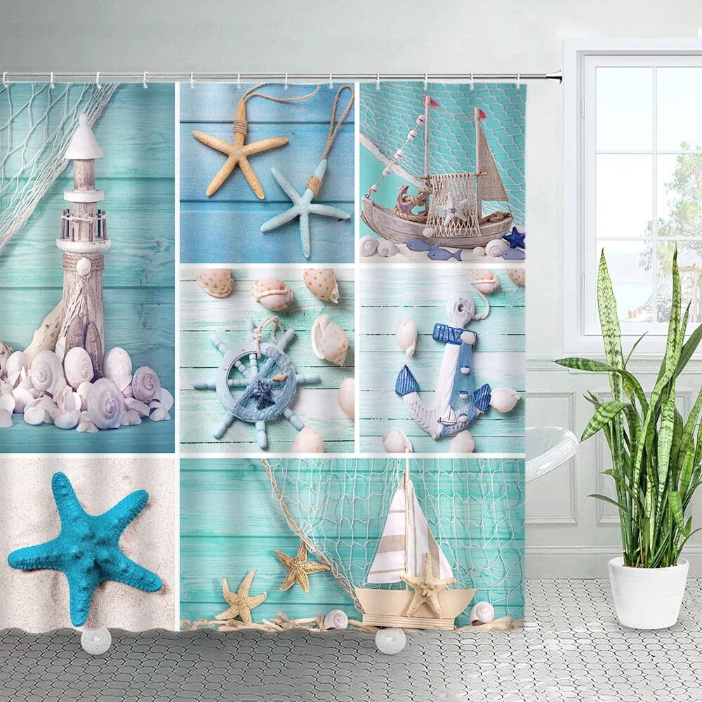 Nautical Decor Shower Curtain Extra Long Coastal Sea Shell Fishing Net ...