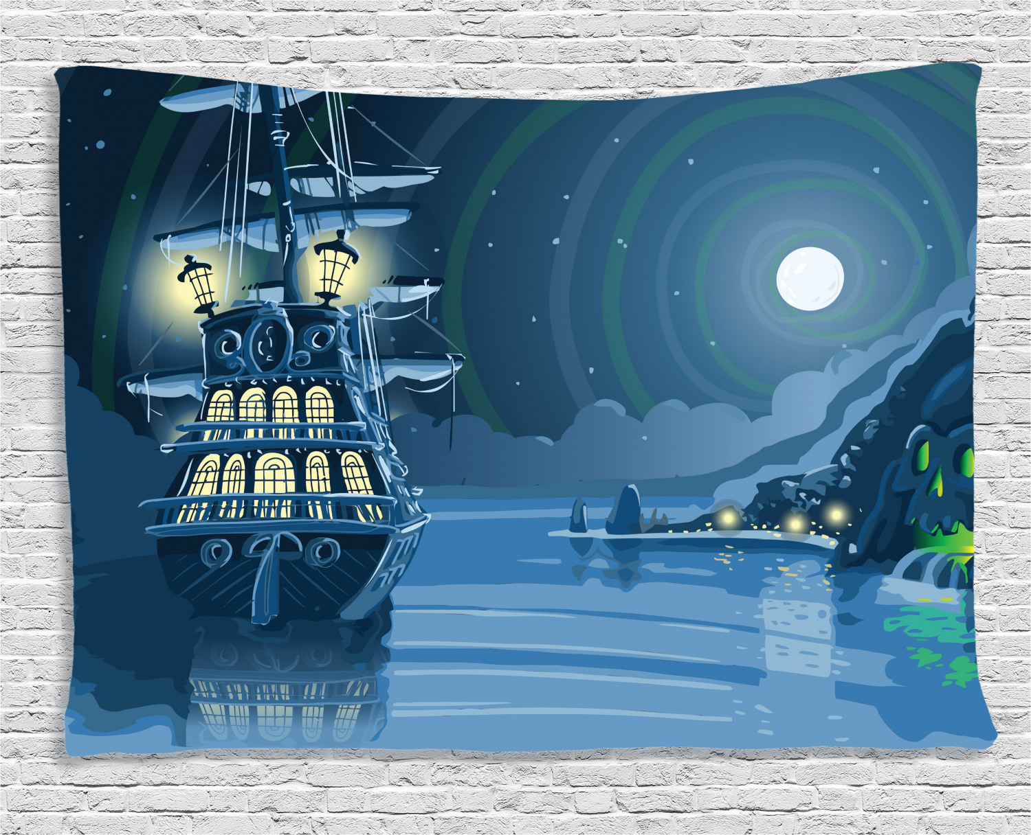 Nautical Decor Tapestry, Detailed Nocturnal Adventure Island with ...