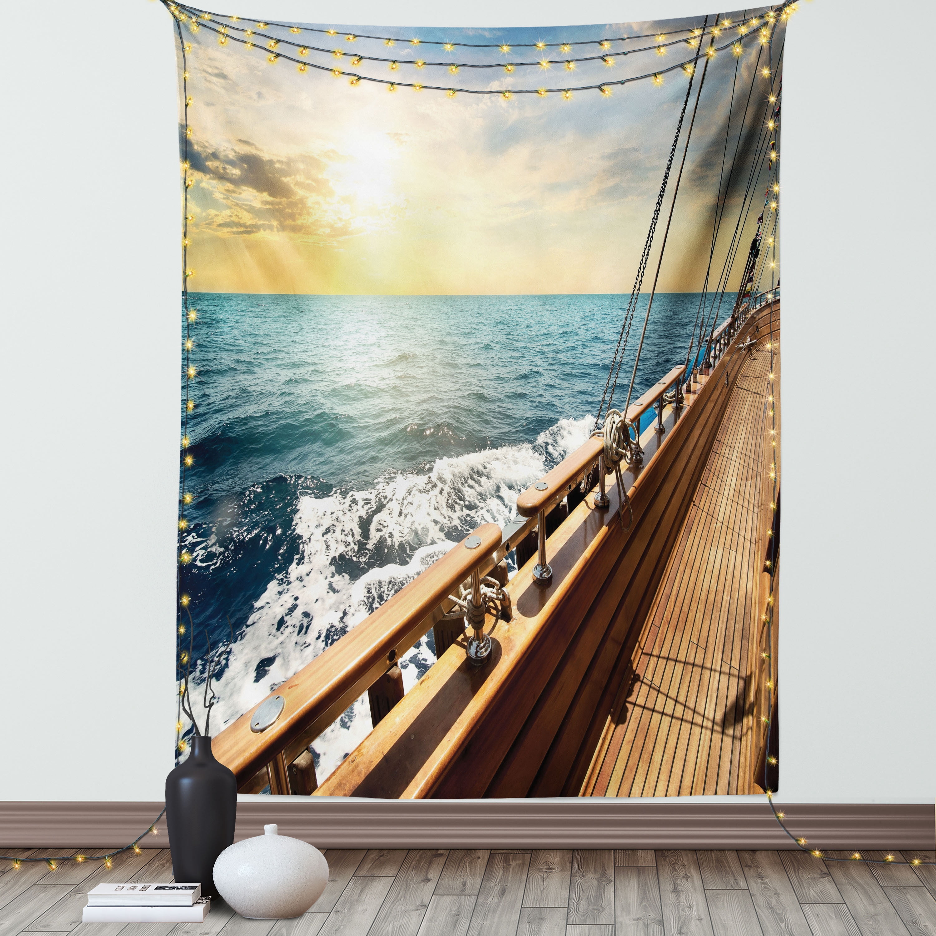 Nautical Decor Tapestry, Sailboat in Mediterranean Waves at Sunset Sky ...