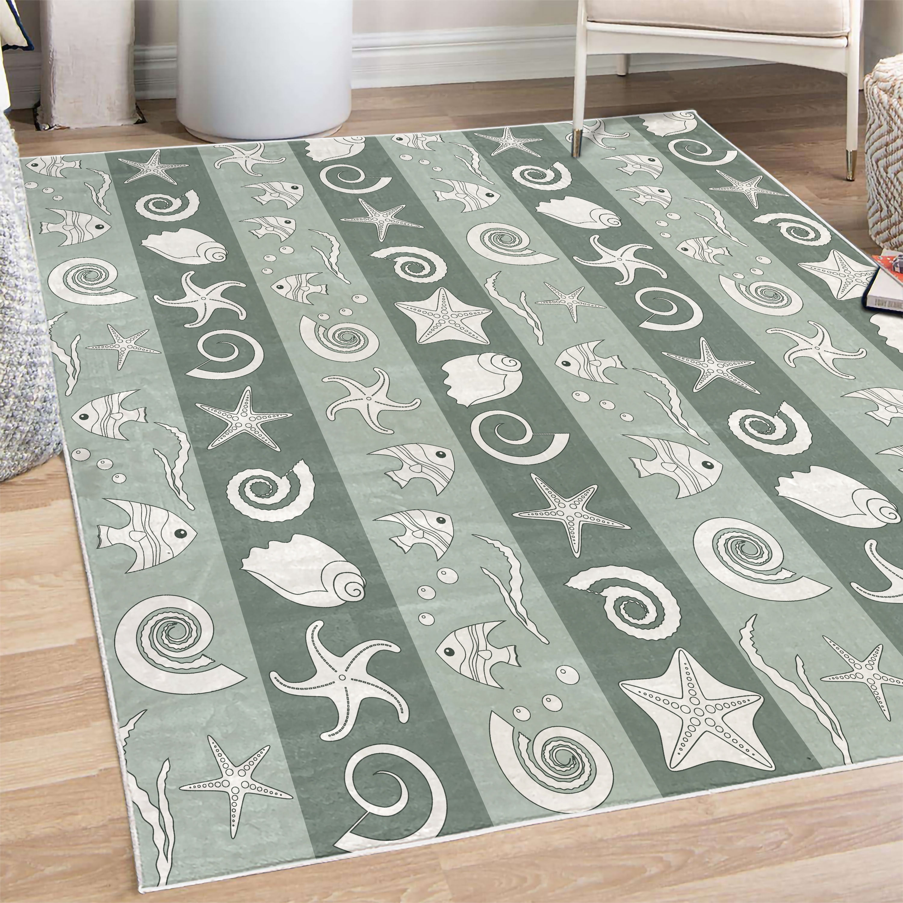 Nautical Decorative Rug, Marine Theme Sea Animals Fishes Shells on ...