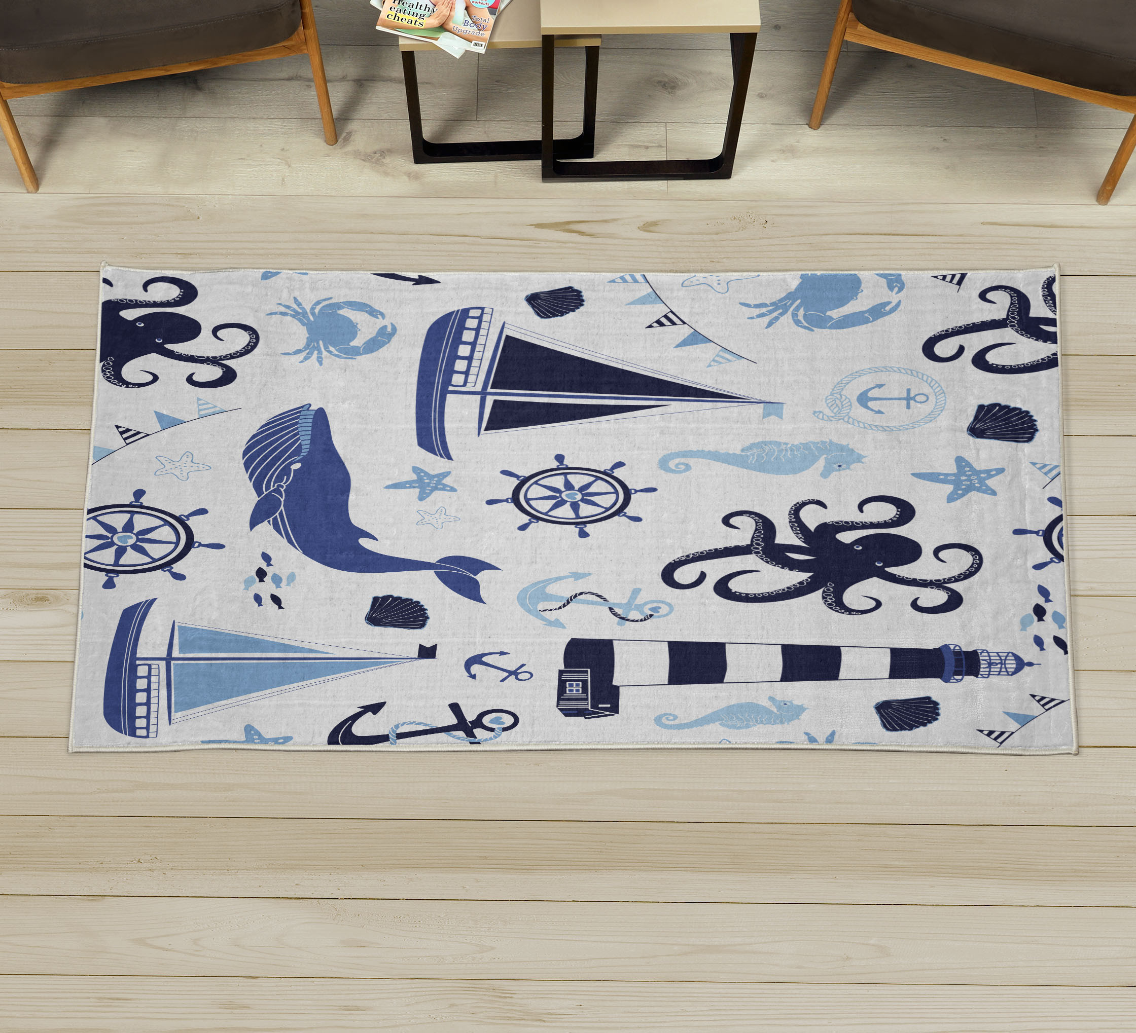Nautical Decorative Rug, Pastel Colored Composition of Lighthouse ...