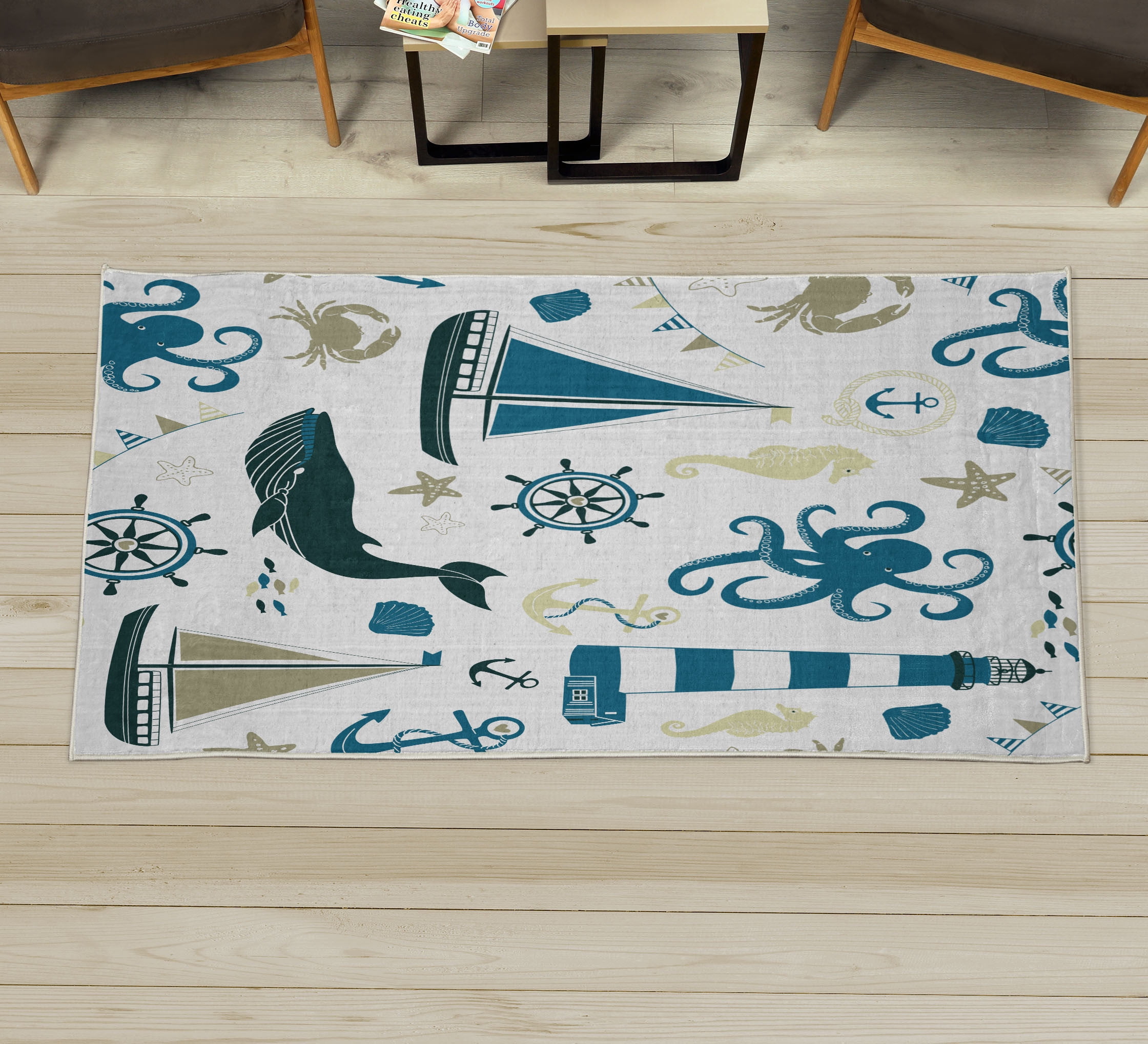 Nautical Decorative Rug, Pastel Colored Composition of Lighthouse Sailboat Fish Shells Octopus ...