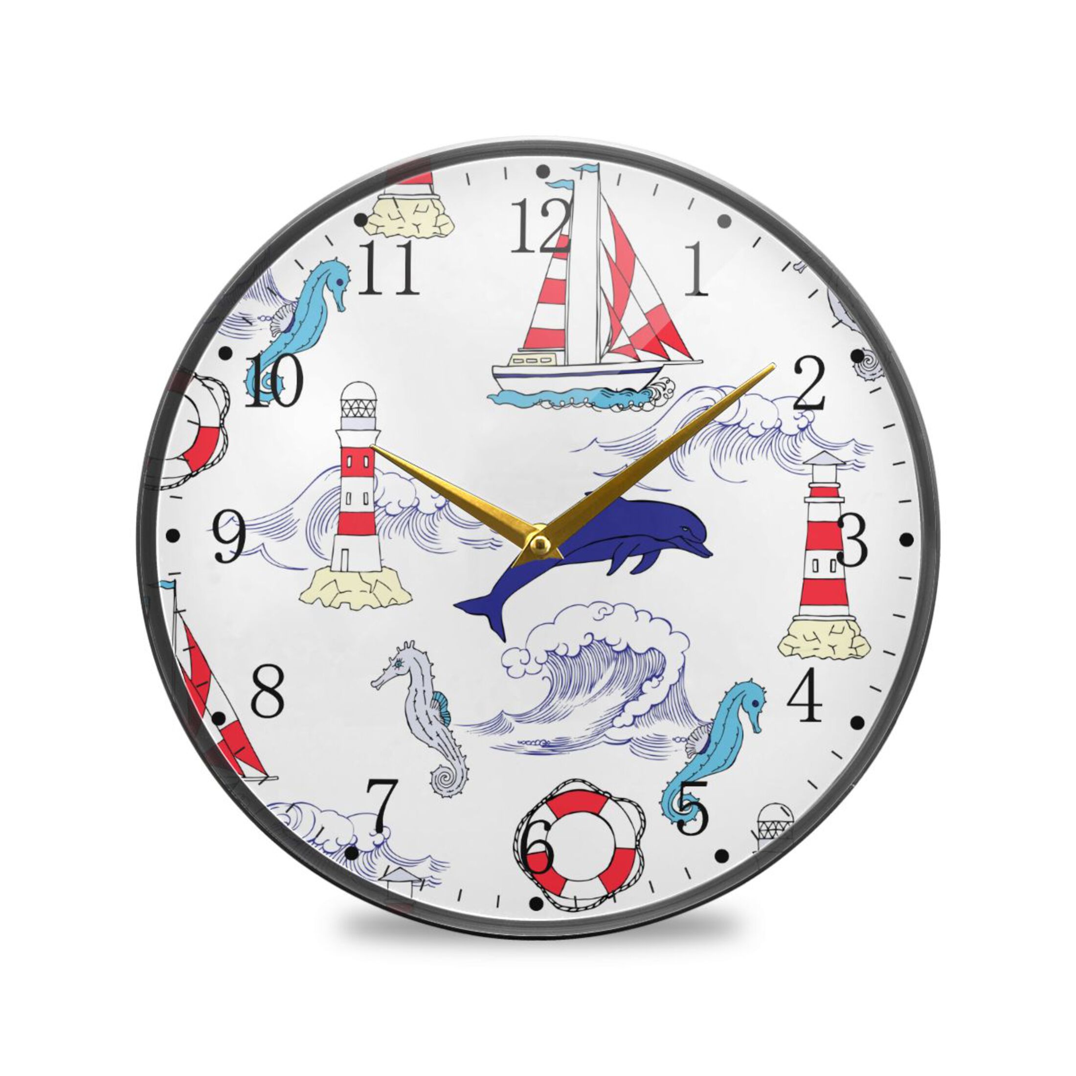 Nautical Dolphin Acrylic Wall Clocks Quiet Round Clock Battery Operated ...