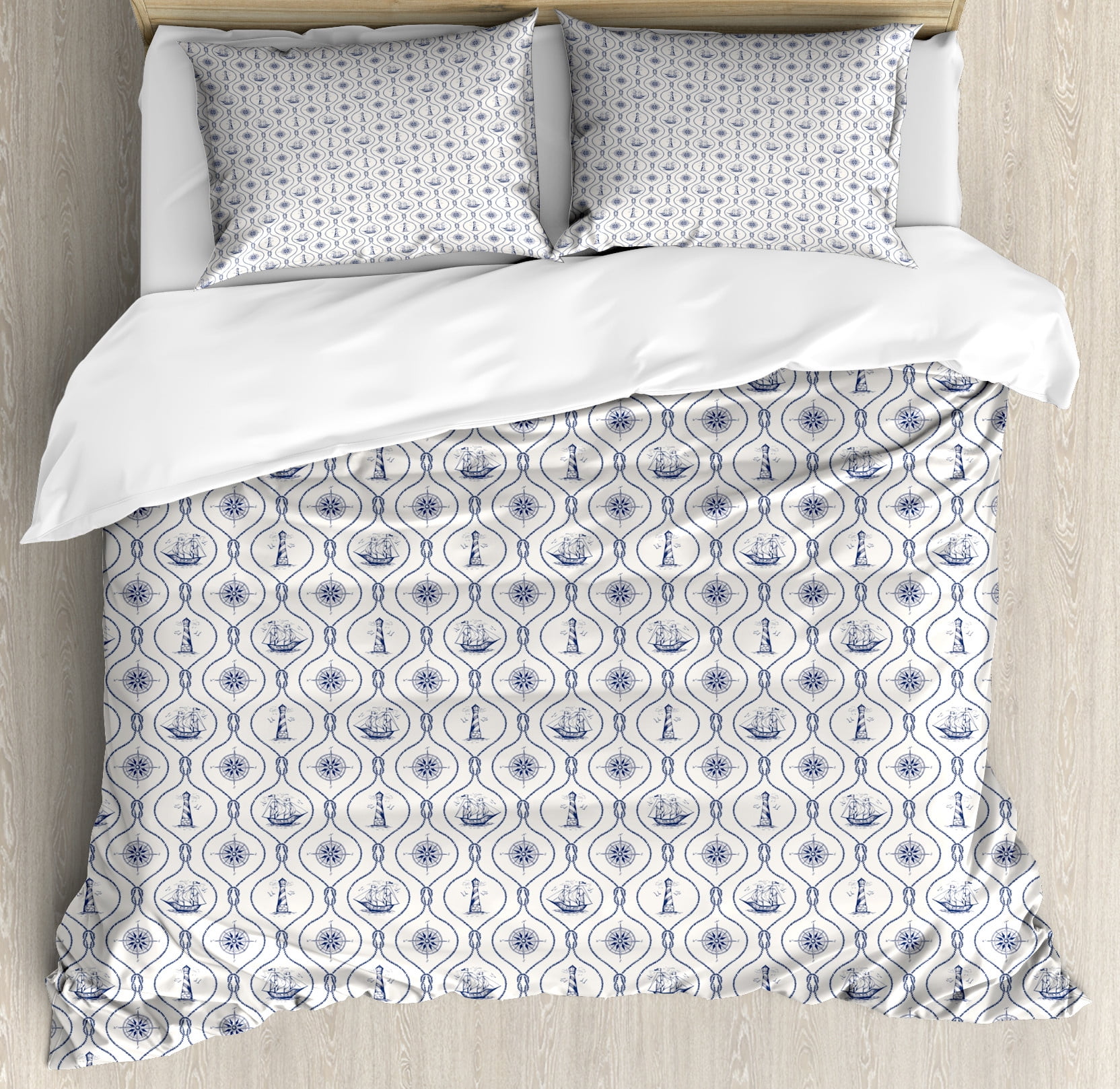 Nautical Duvet Cover Set, Anchor Vintage Ship Ogee Lighthouse Wind Rose Sailing Boat Gulls ...