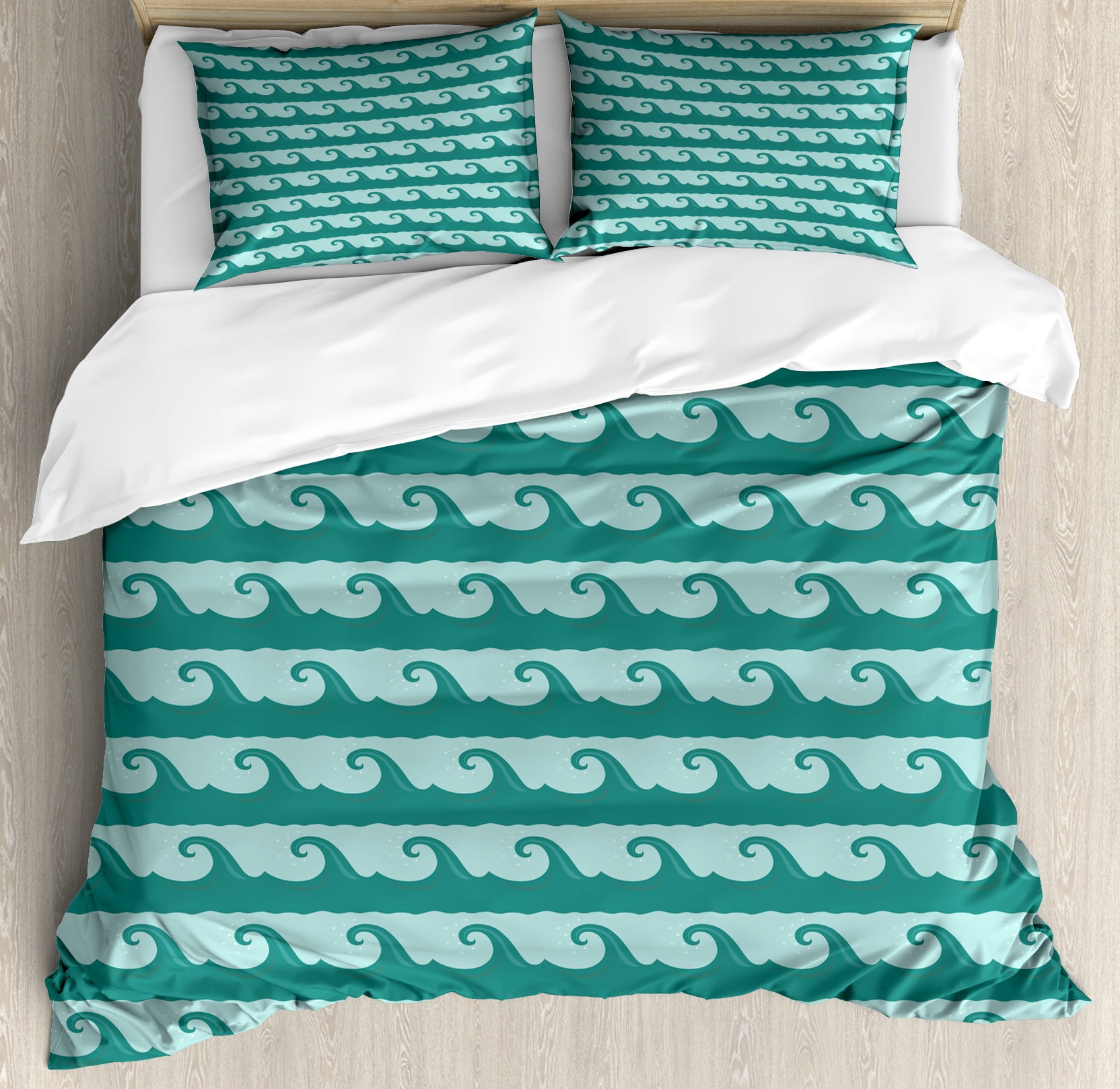 Nautical Duvet Cover Set, Cartoon Design Swirling Ocean Waves Flow in ...