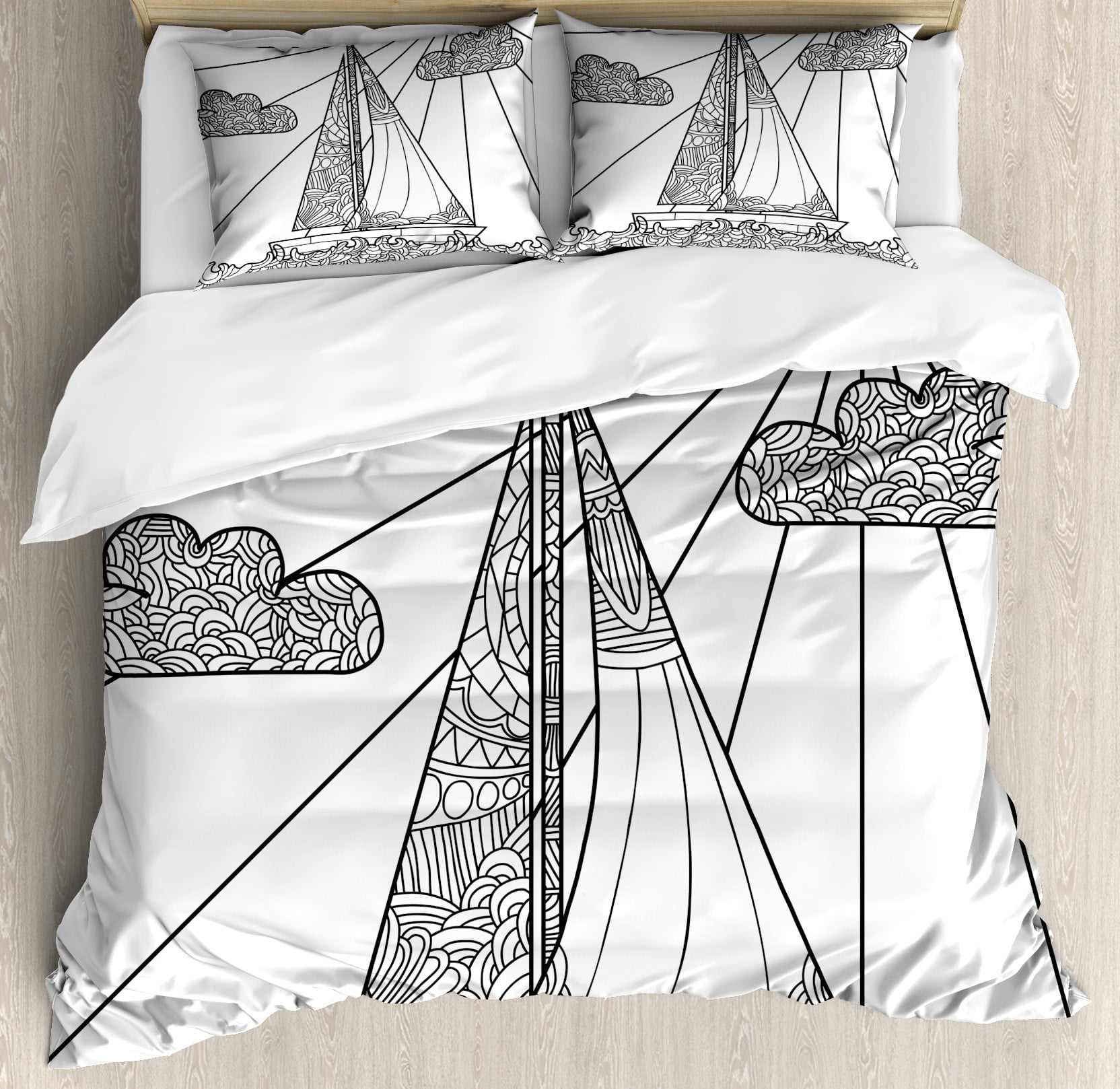 Nautical Duvet Cover Set, Doodle Boat Floating on Waves Ornate Features ...