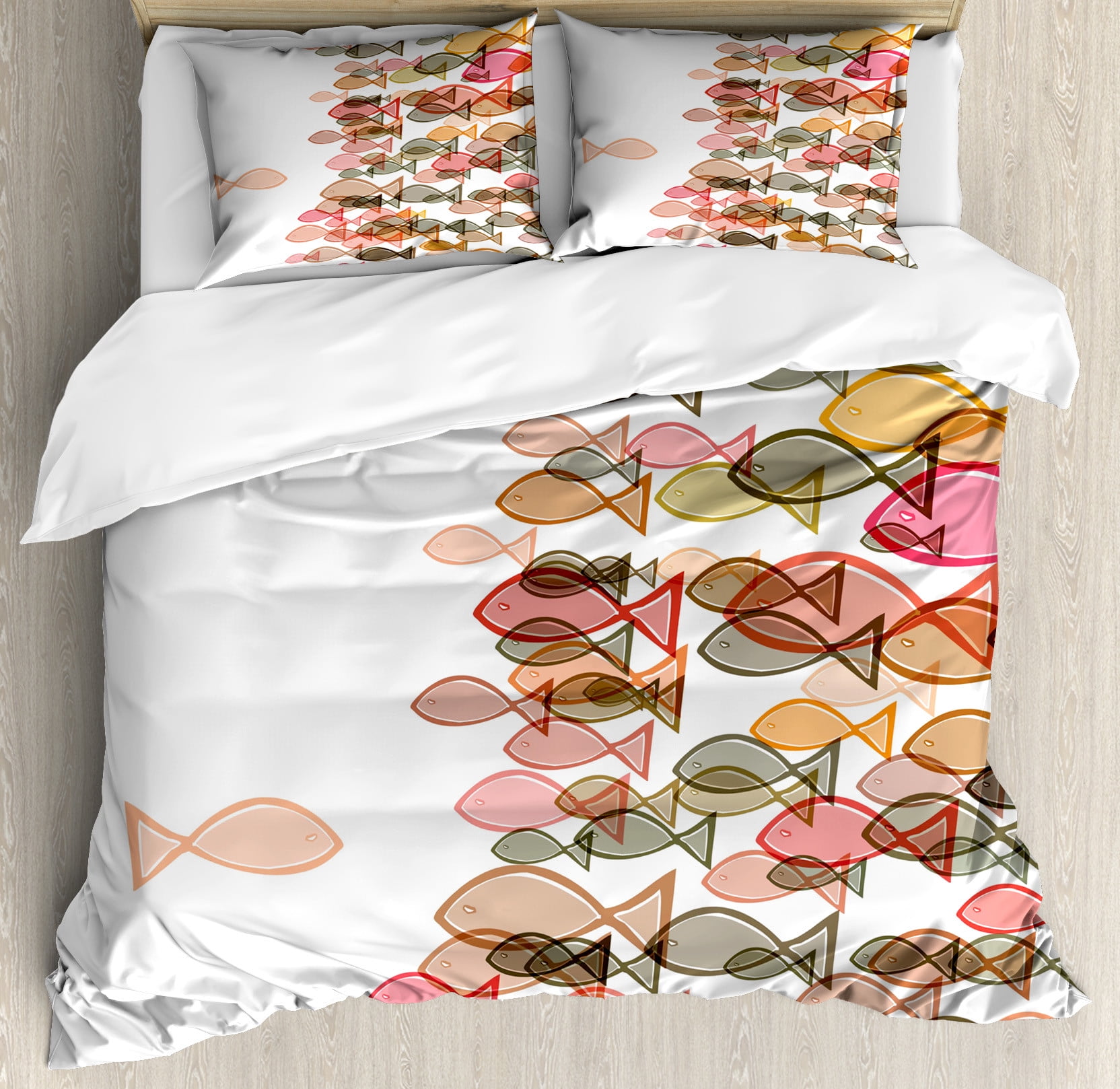 Nautical Duvet Cover Set, Fish Flock Facing Others Design Seashore ...