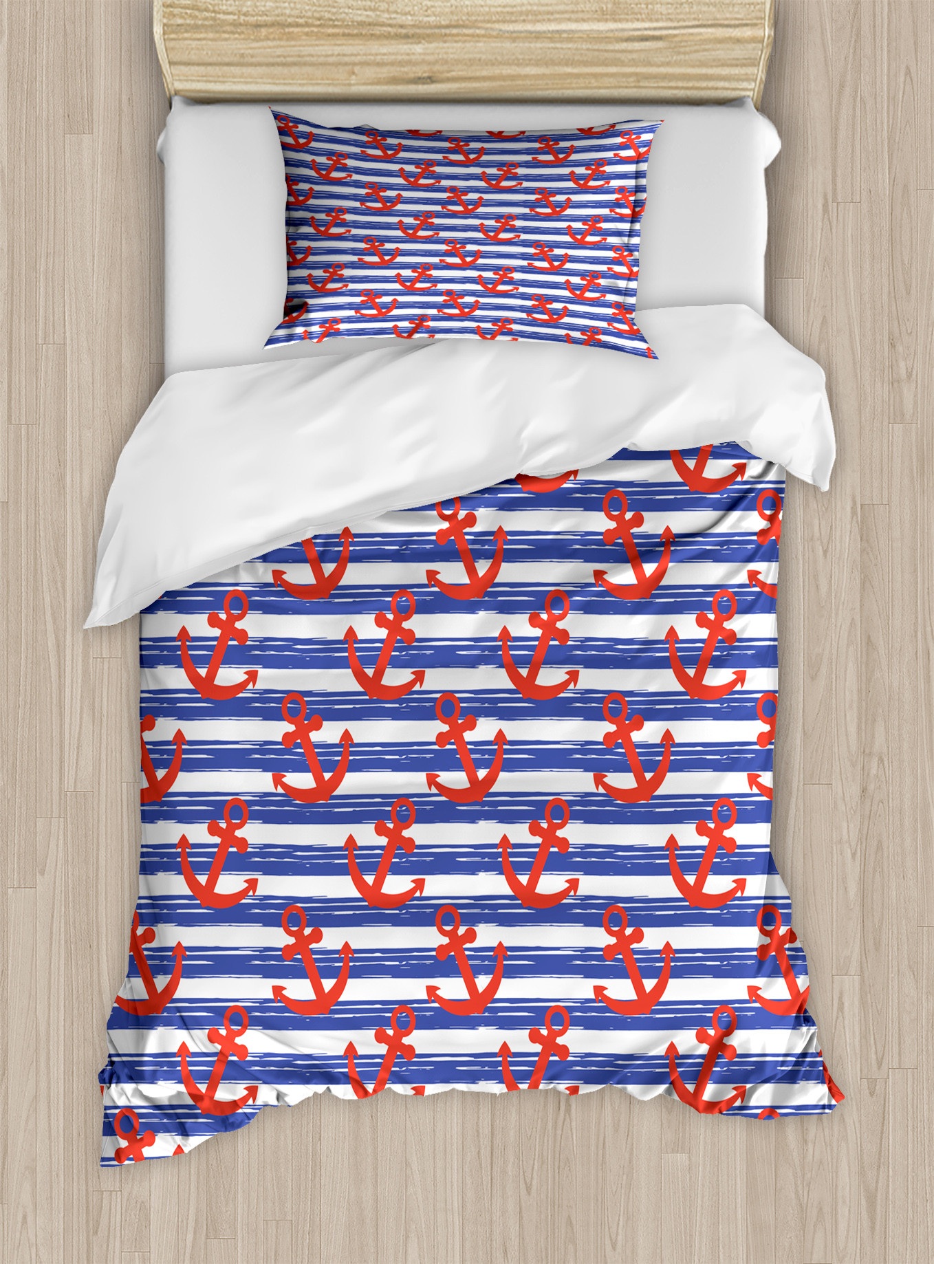 Nautical Duvet Cover Set, Hand Drawn Horizontal Brush Strokes Anchors ...