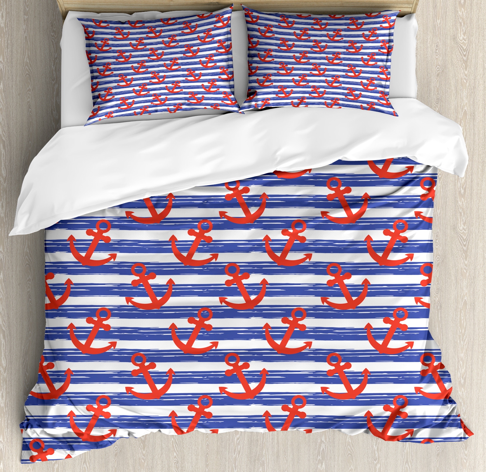 Nautical Duvet Cover Set, Hand Drawn Horizontal Brush Strokes Anchors ...