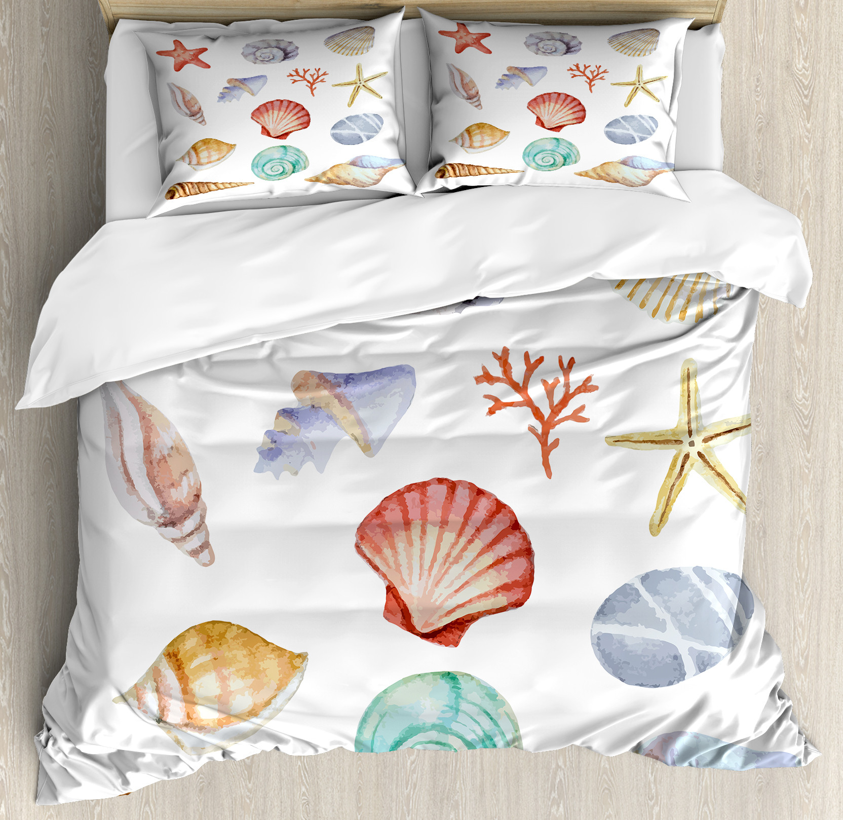 Nautical Duvet Cover Set, Illustration of Different Seashells Scallop ...