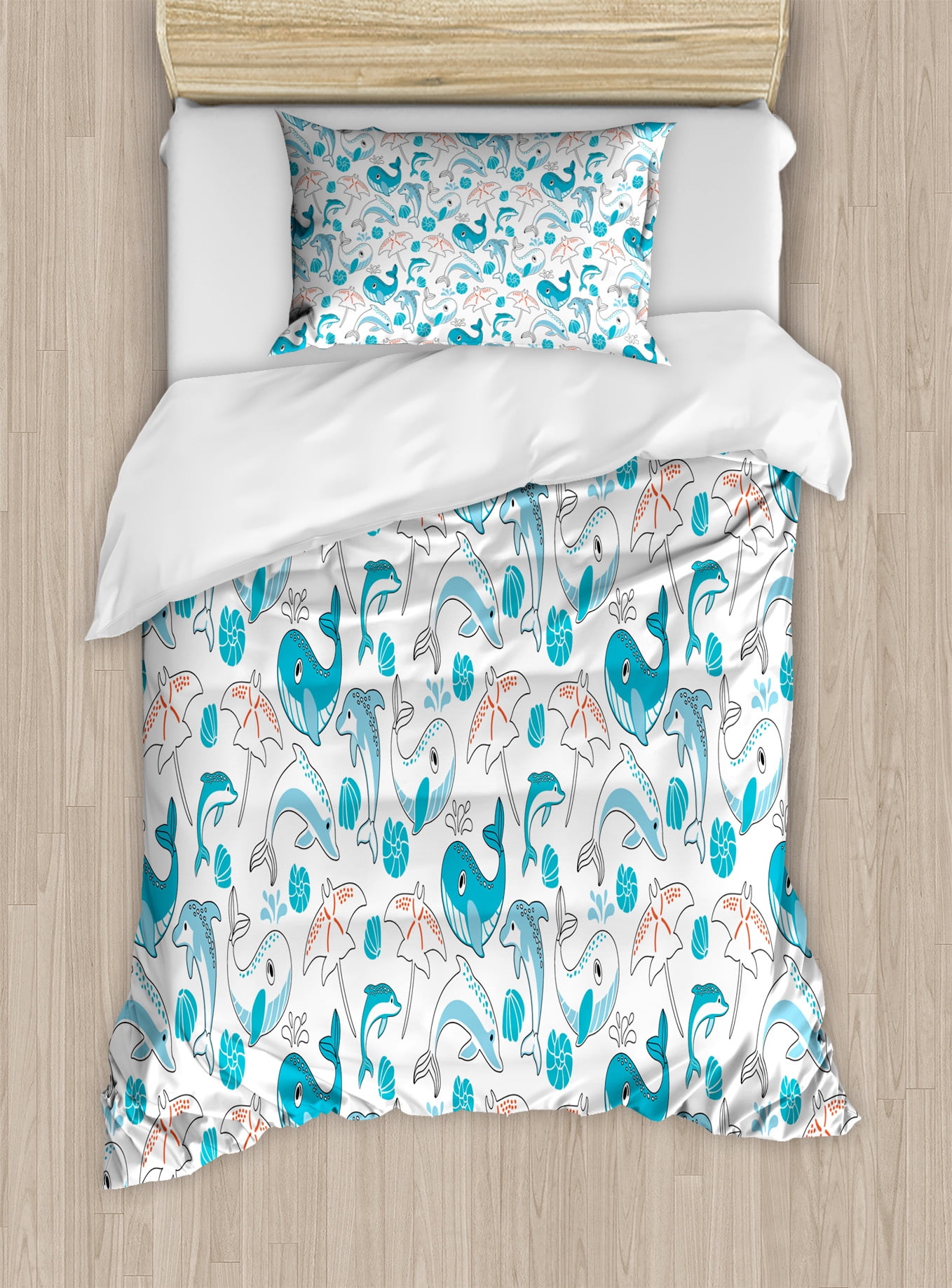 Nautical Duvet Cover Set, Illustration of Underwater Creatures Depicted ...