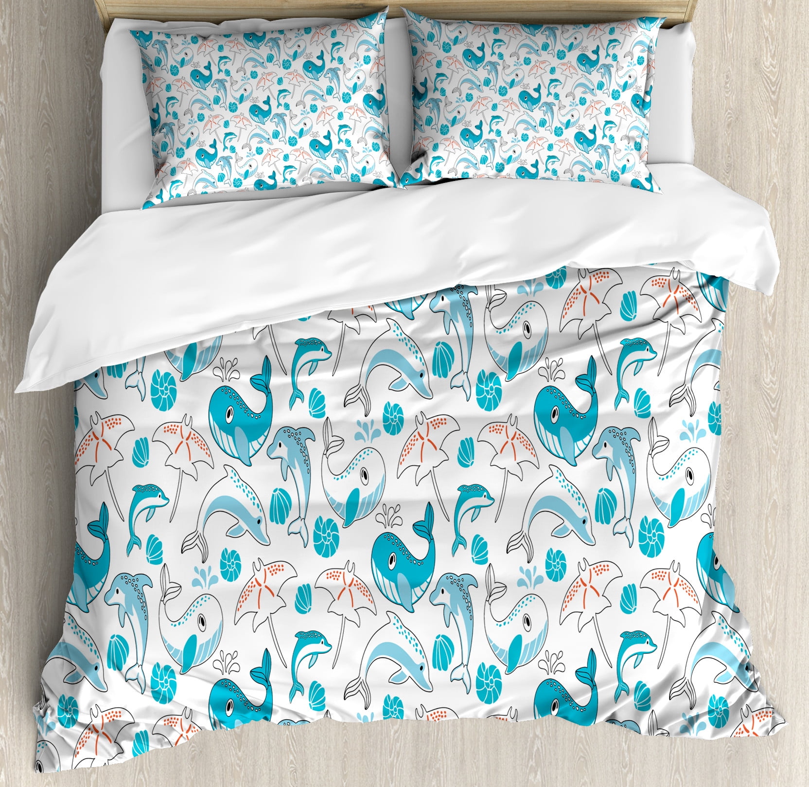 Nautical Duvet Cover Set, Illustration of Underwater Creatures Depicted ...
