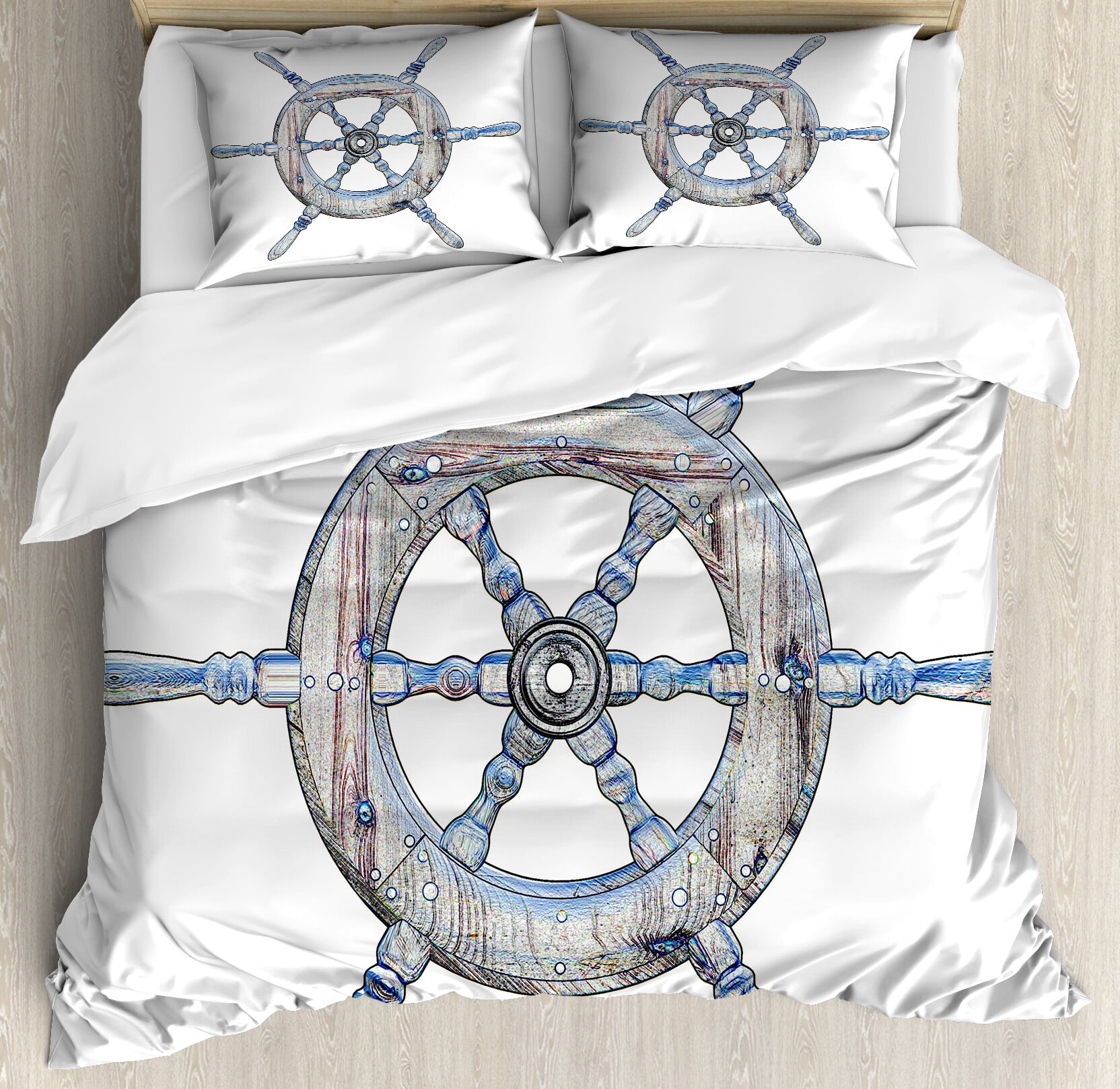 Nautical Duvet Cover Set, Illustration of a Wooden Ship Wheel over ...