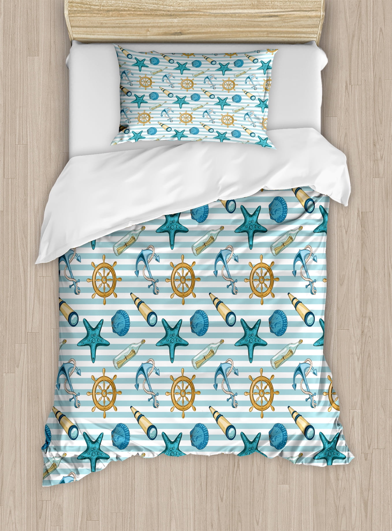 Nautical Duvet Cover Set, Marine Sea Striped Background with Anchor ...