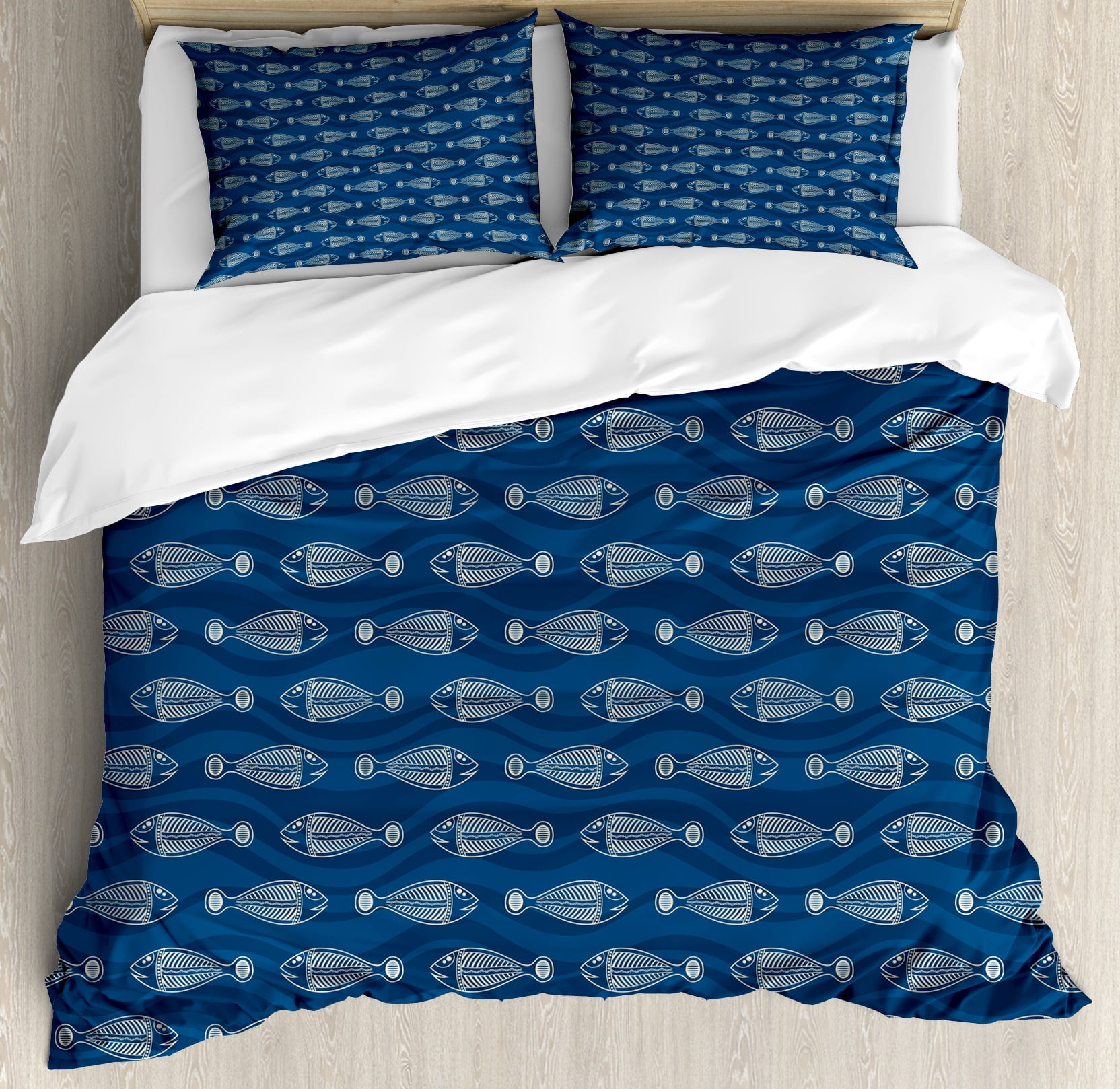 Nautical Duvet Cover Set, Marine Theme Fish Motifs with Wavy Sea ...