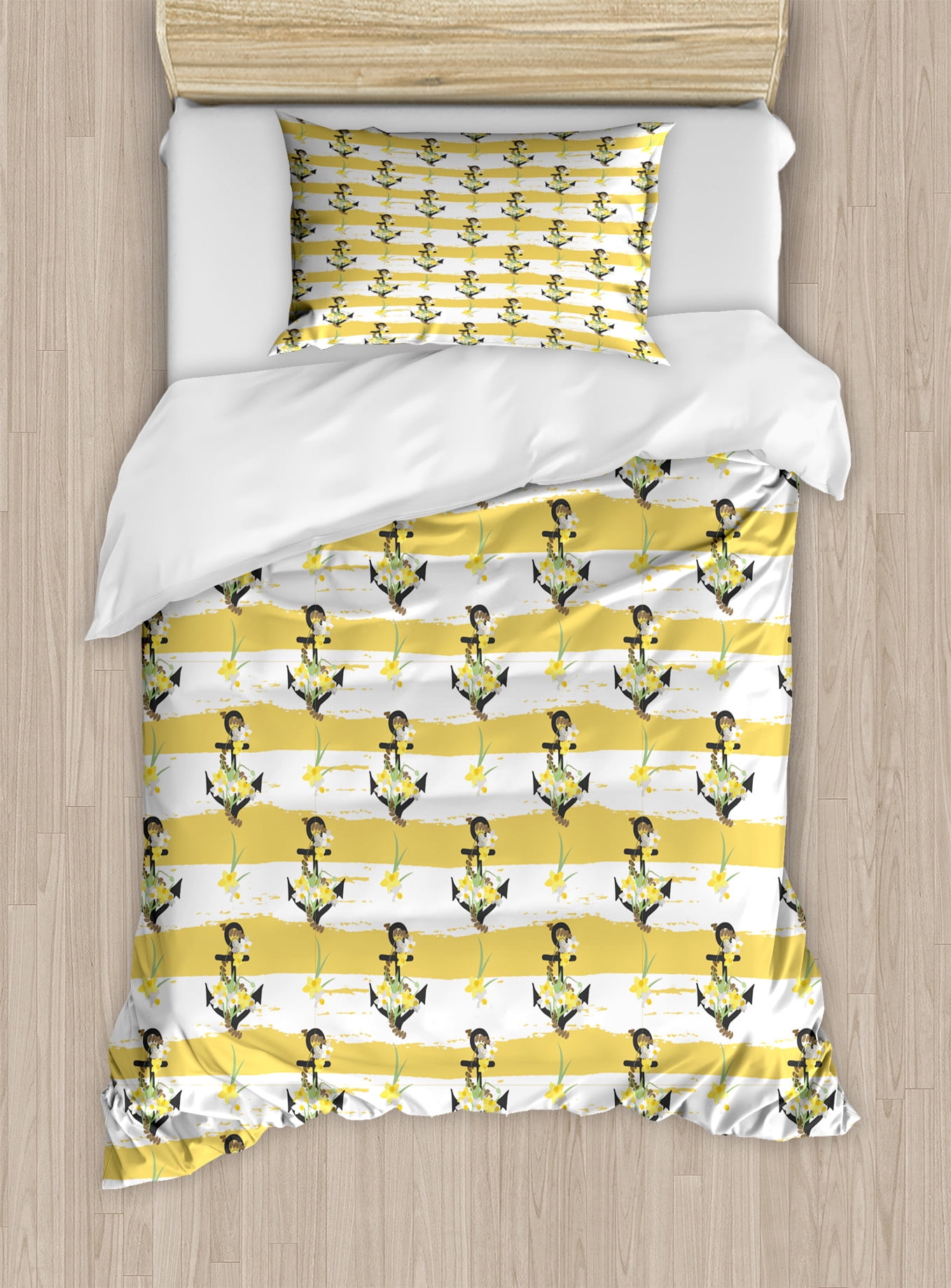 Nautical Duvet Cover Set, Natural Theme Floral Anchors Pattern ...