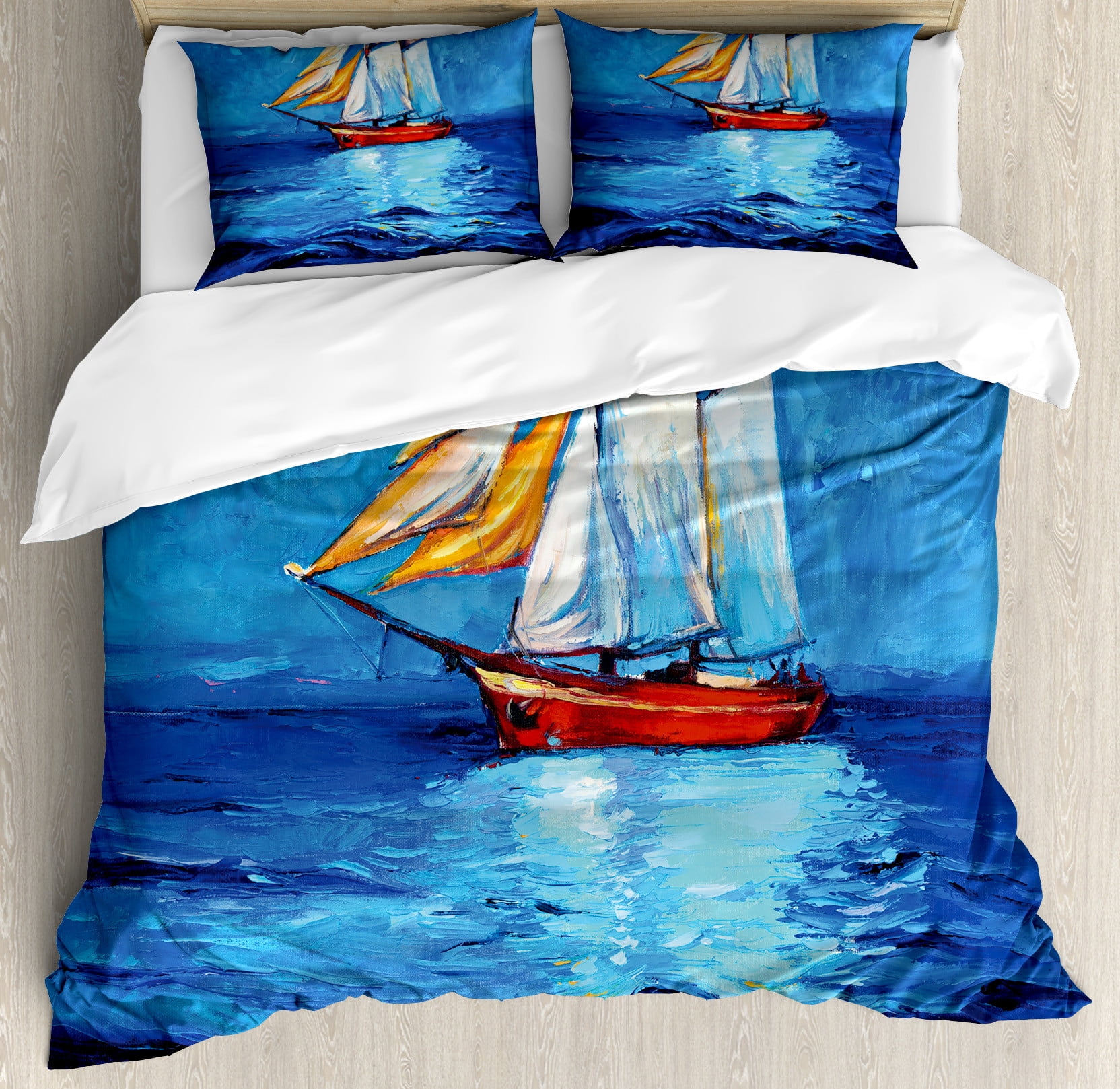 Nautical Duvet Cover Set, Oil Painting Style Sailing Ship on Horizon ...