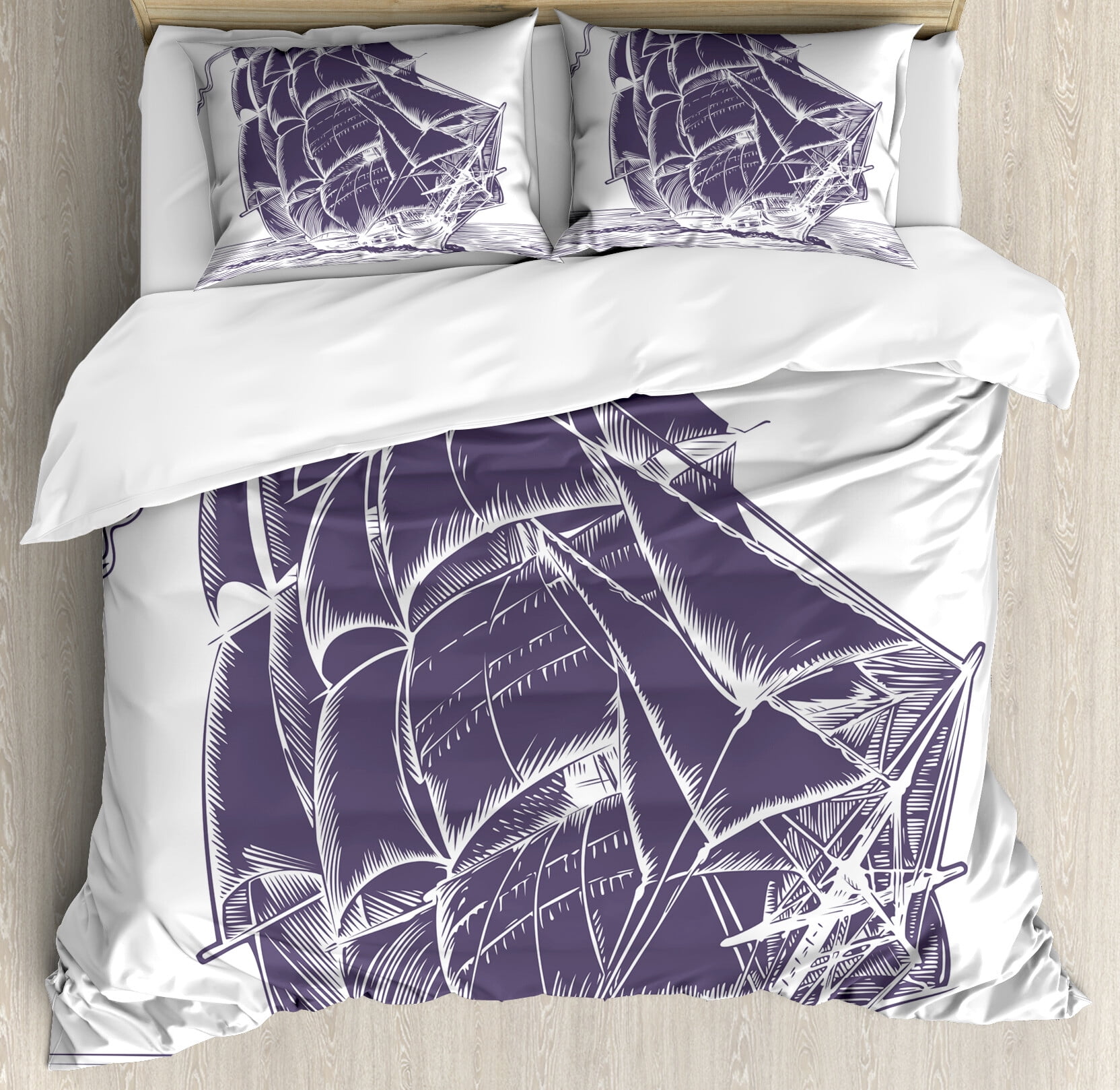 Nautical Duvet Cover Set, Old Sail Boat in the Ocean on White ...