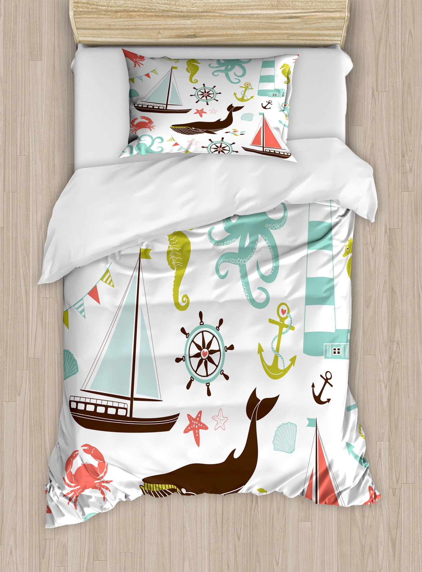 Nautical Duvet Cover Set, Pastel Colored Composition of Lighthouse ...