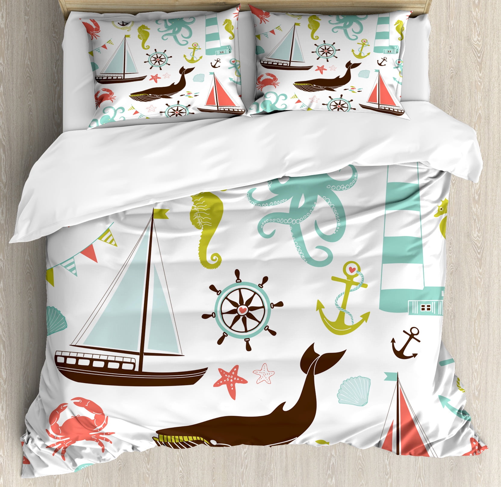 Nautical Duvet Cover Set, Pastel Colored Composition of Lighthouse ...