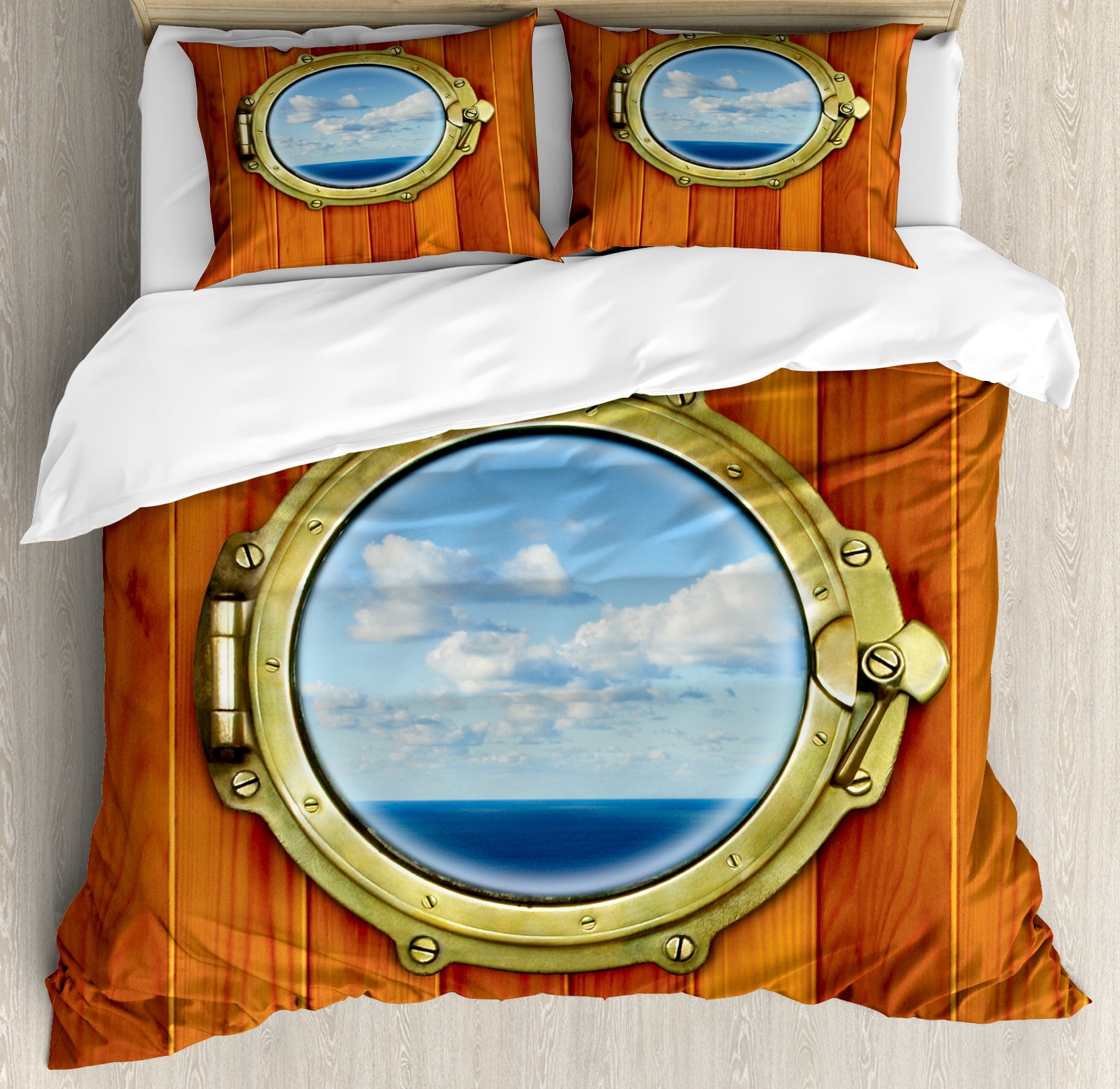 Nautical Duvet Cover Set, Porthole Wooden Background Window Ship Old ...