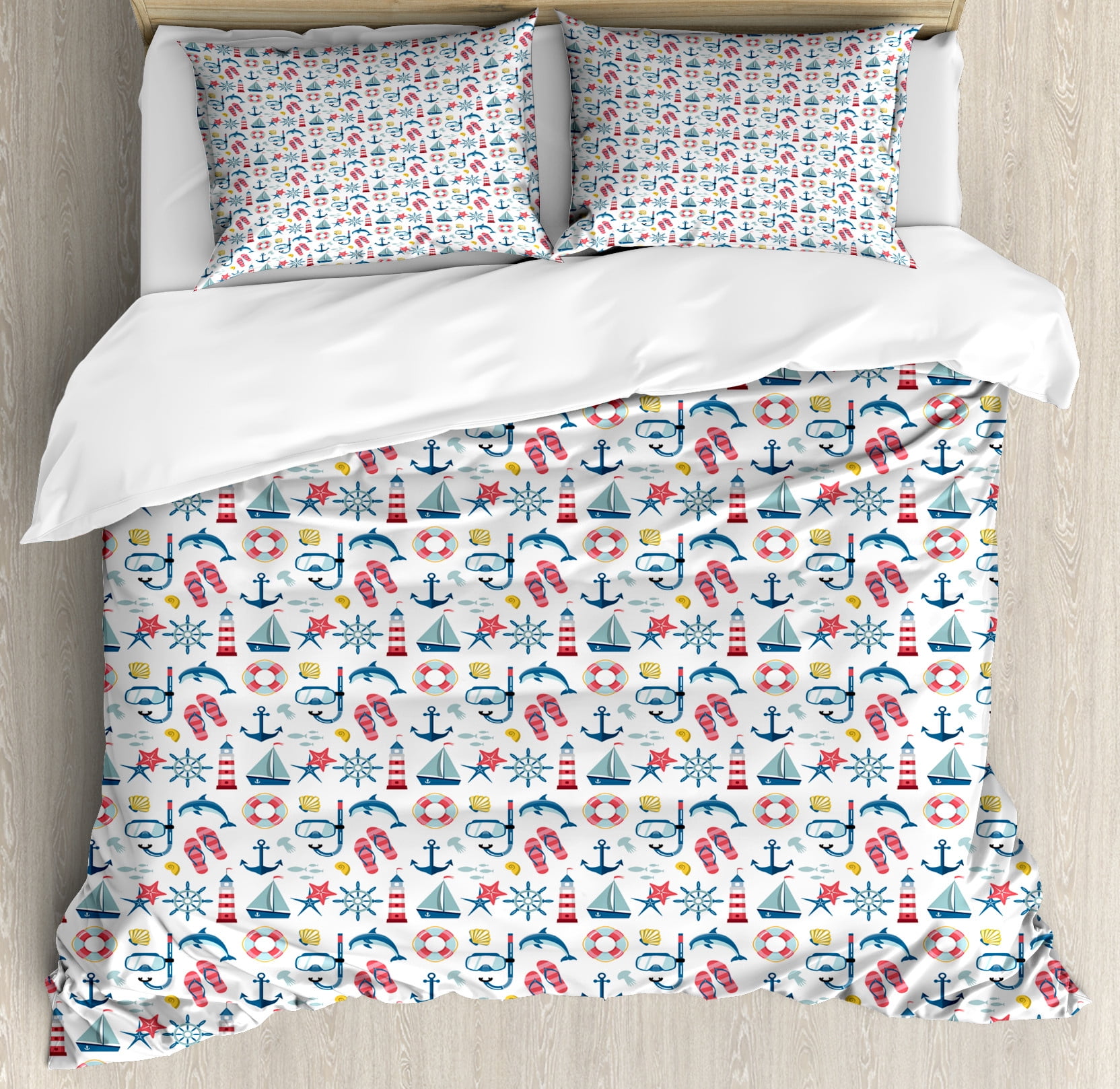 Nautical Duvet Cover Set, Repetitive Marine Themed Items Anchor Wheel ...