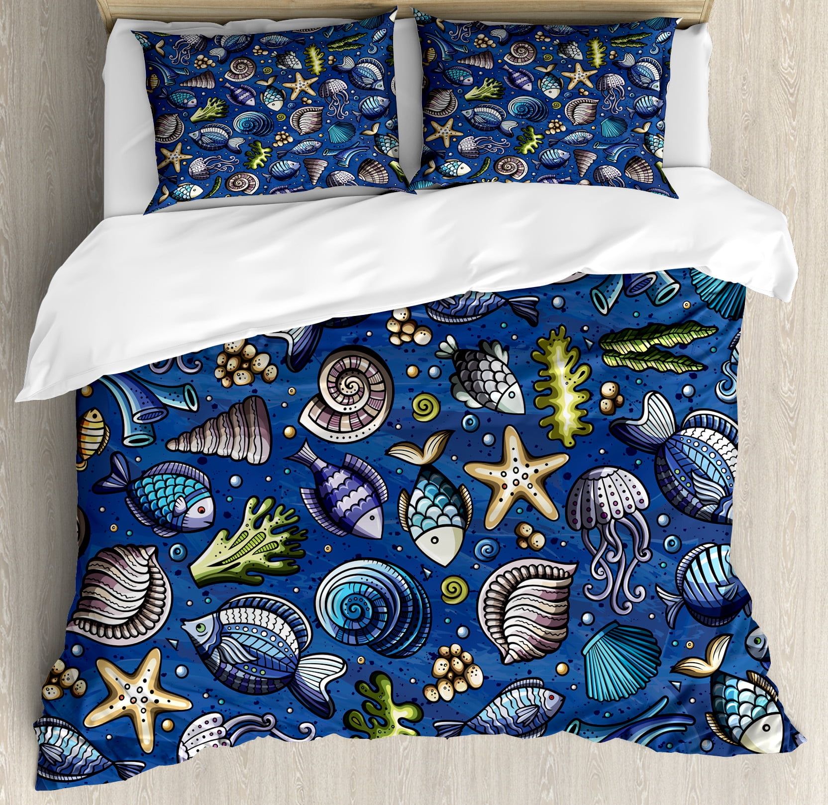 Nautical Duvet Cover Set, Repetitive Ocean Themed Fish Pattern with ...