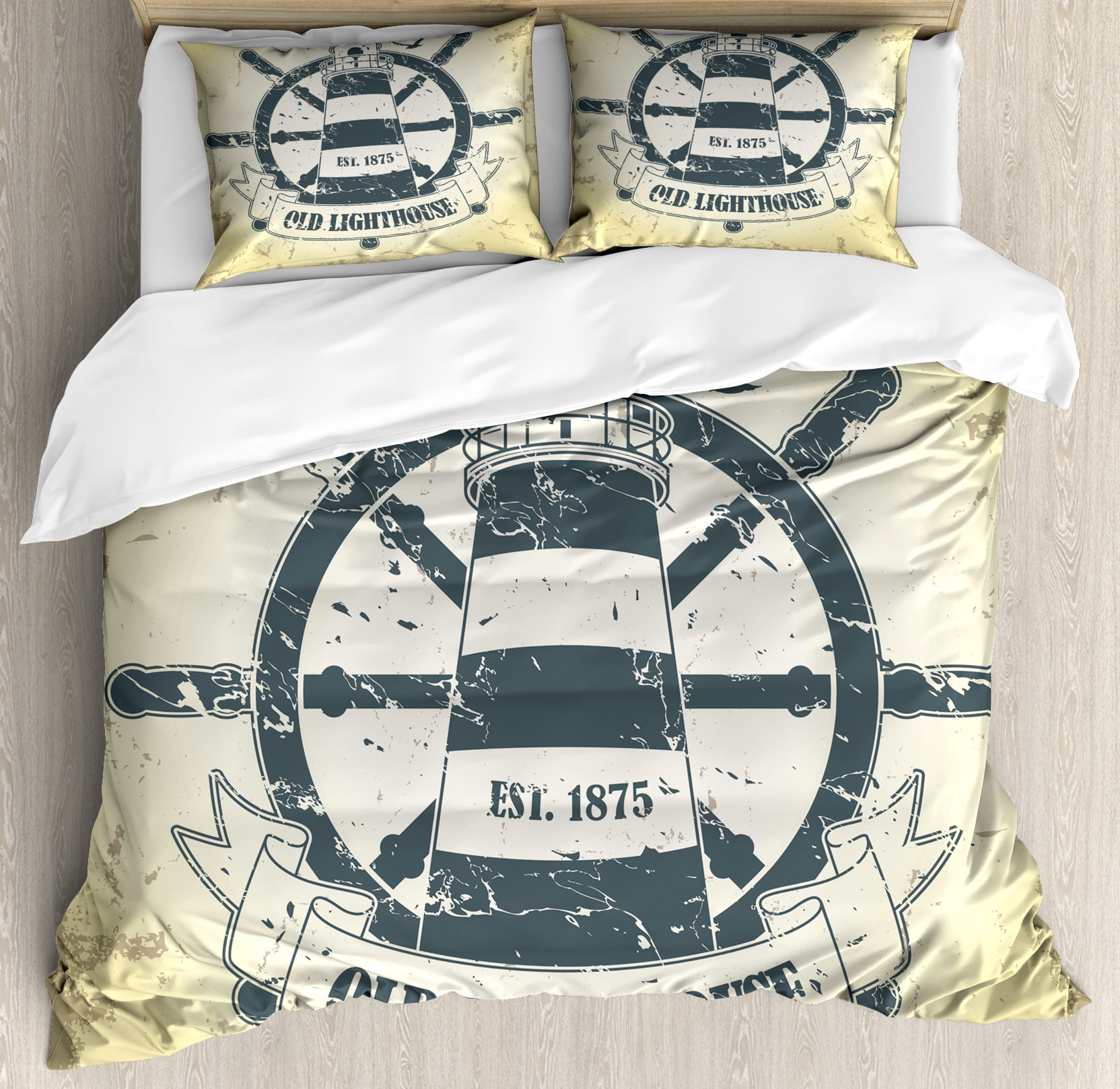 Nautical Duvet Cover Set, Retro Coastal Lighthouse Ship Helm Wheel ...