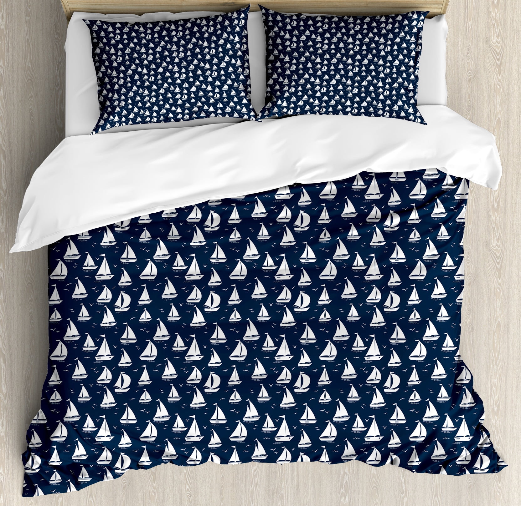 Nautical Duvet Cover Set, Sailboat Silhouettes on Waves Along Flying ...