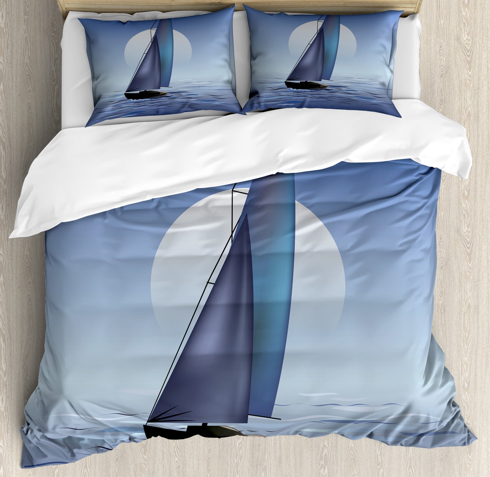 Nautical Duvet Cover Set, Sailing Boat in Moonrise Dramatic Sky Ocean ...