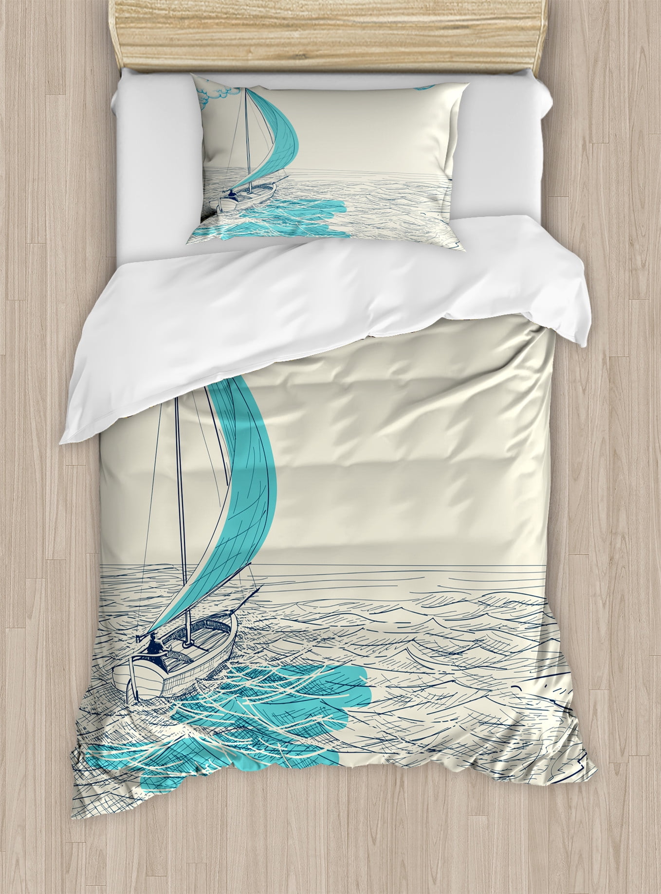 Nautical Duvet Cover Set, Sailing Boat Reflection Cloudy Sky Sandy ...