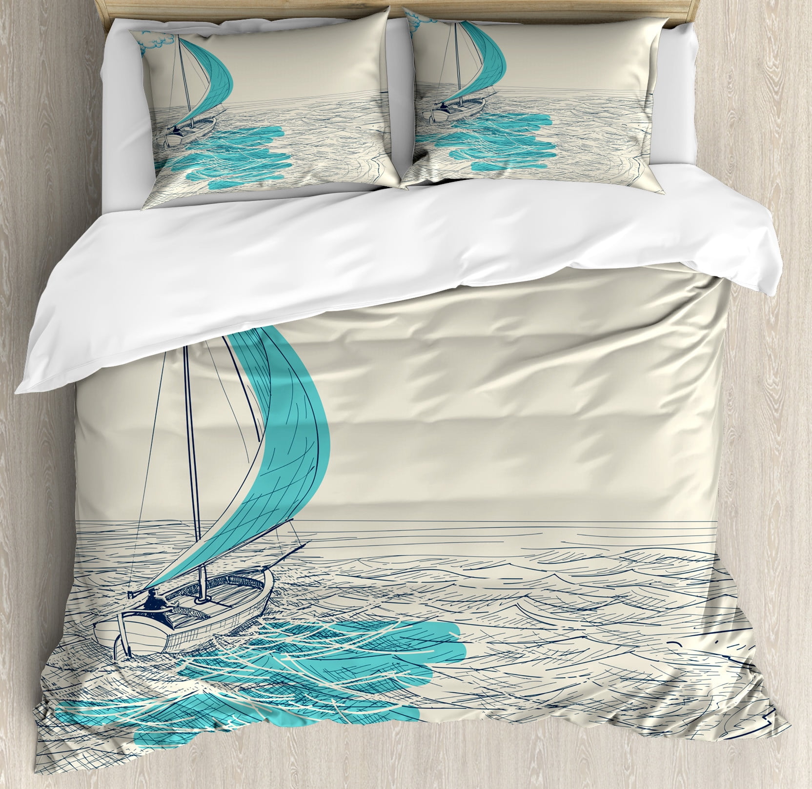 Nautical Duvet Cover Set, Sailing Boat Reflection Cloudy Sky Sandy ...