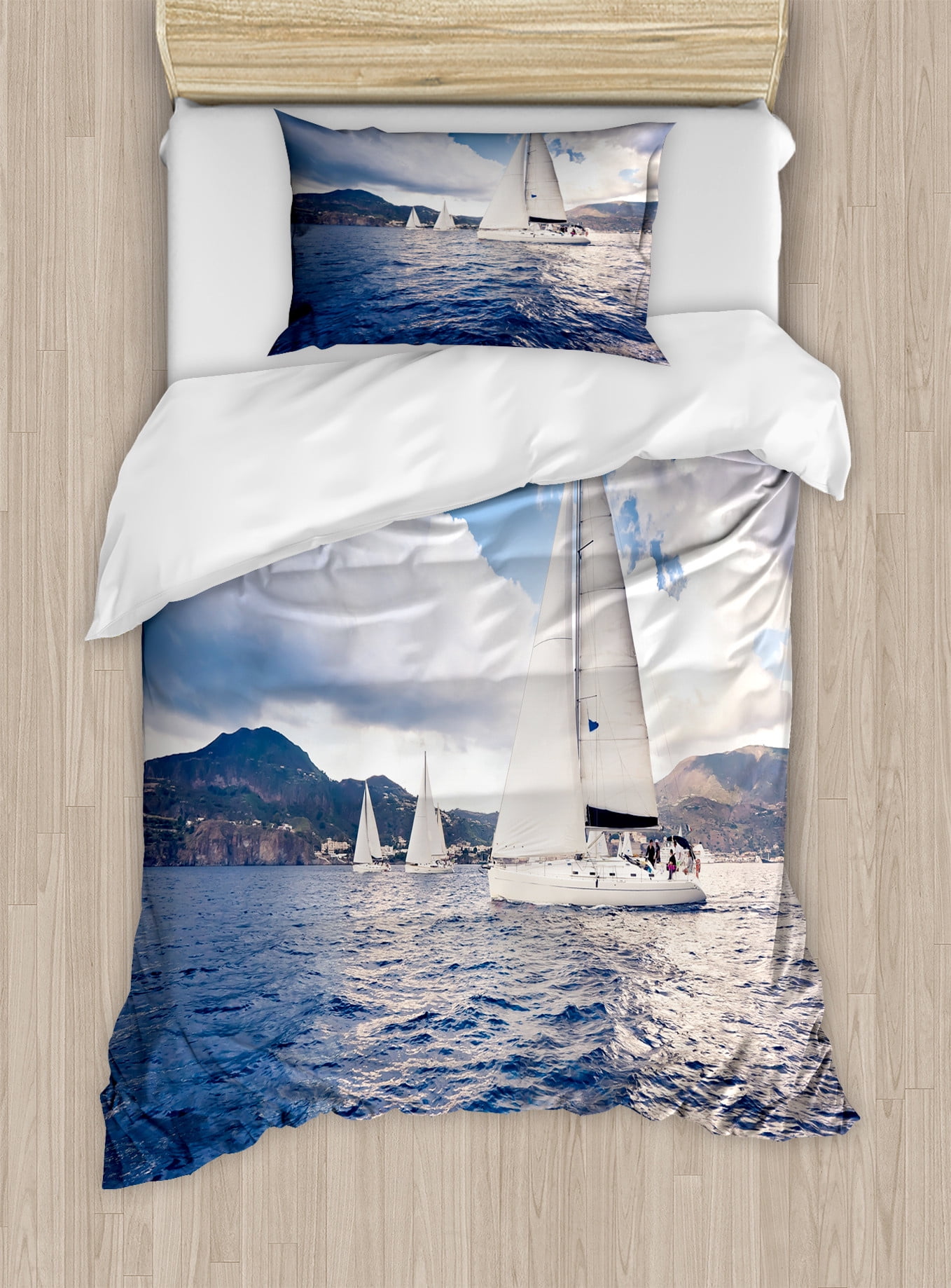 Nautical Duvet Cover Set, Sailing Boat and Sails on Sea Waves Cloudy ...