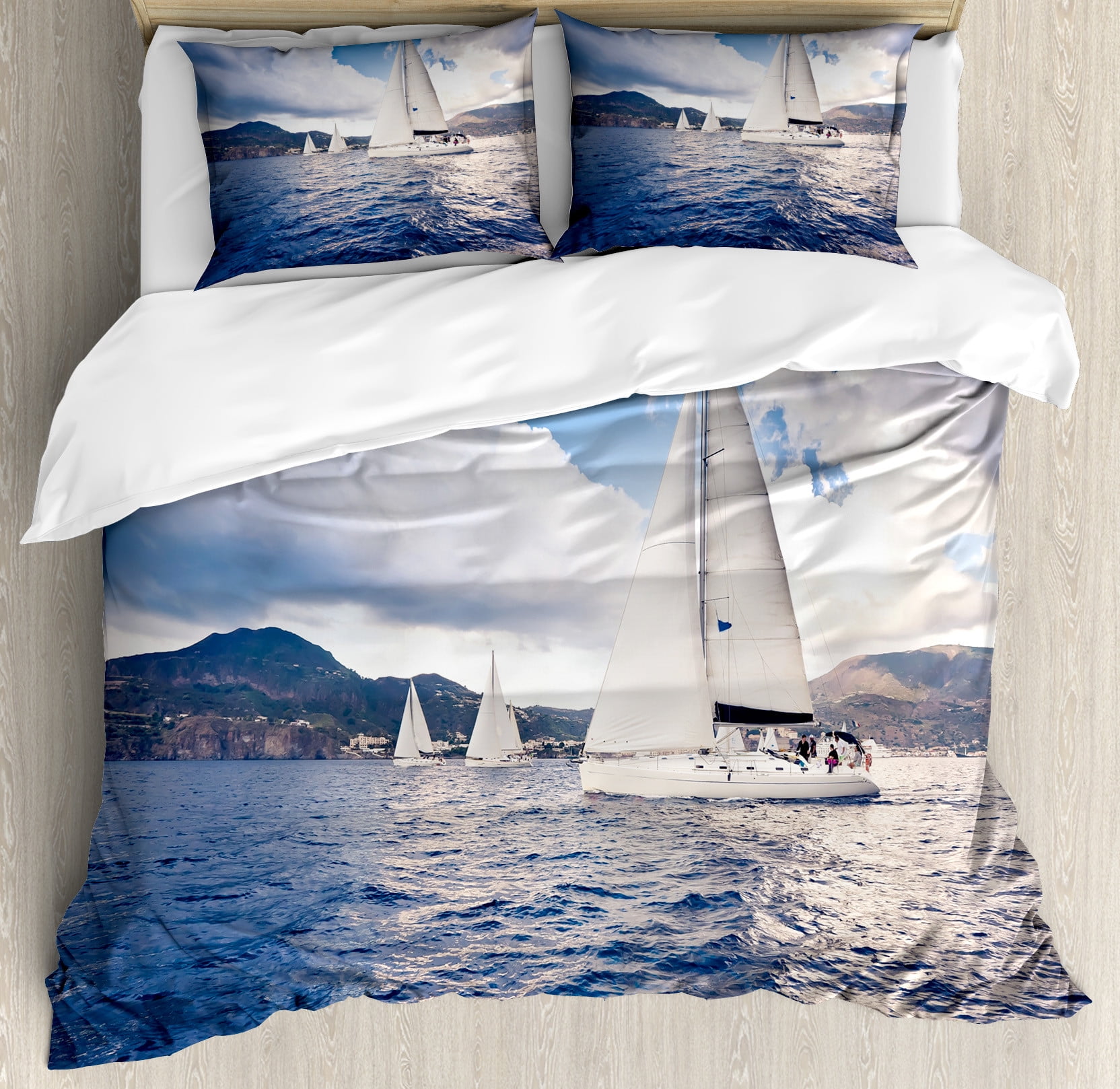 Nautical Duvet Cover Set, Sailing Boat and Sails on Sea Waves Cloudy ...