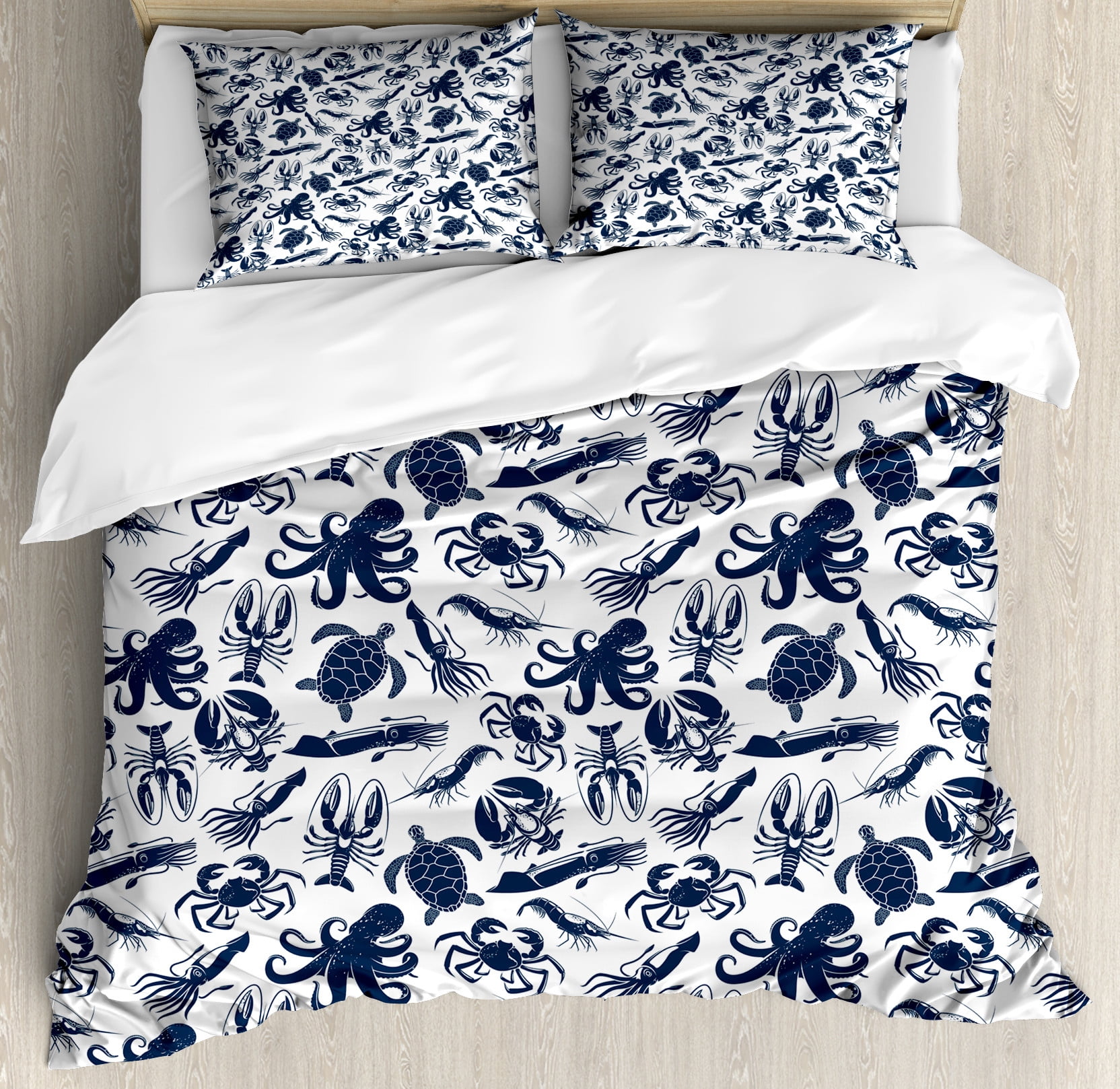 Nautical Duvet Cover Set, Sea Creatures Demonstration in Monotone ...