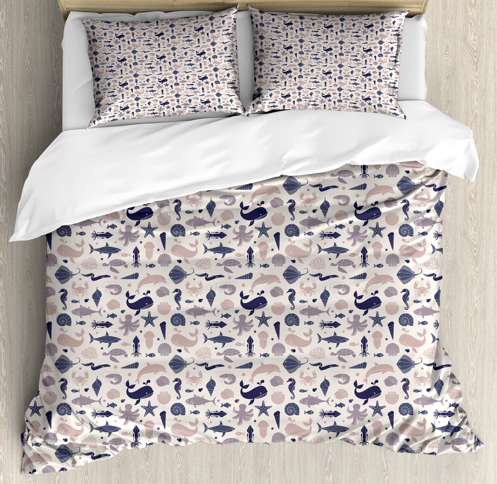 Nautical Duvet Cover Set, Sea Life Pattern with Whale Fish Seahorse ...