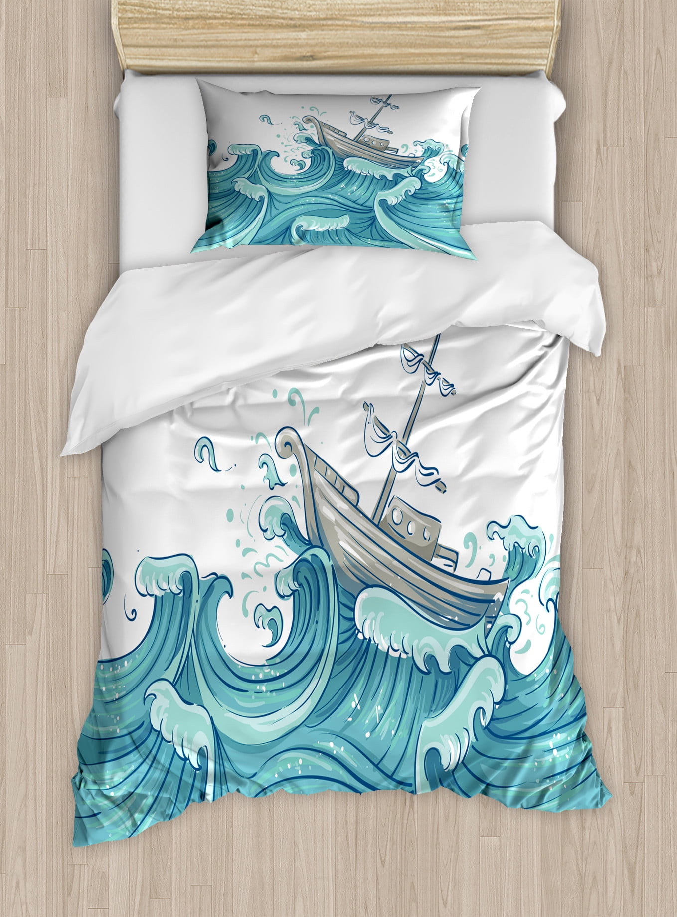 Nautical Duvet Cover Set, Ship Being Tossed by Giant Ocean Waves ...