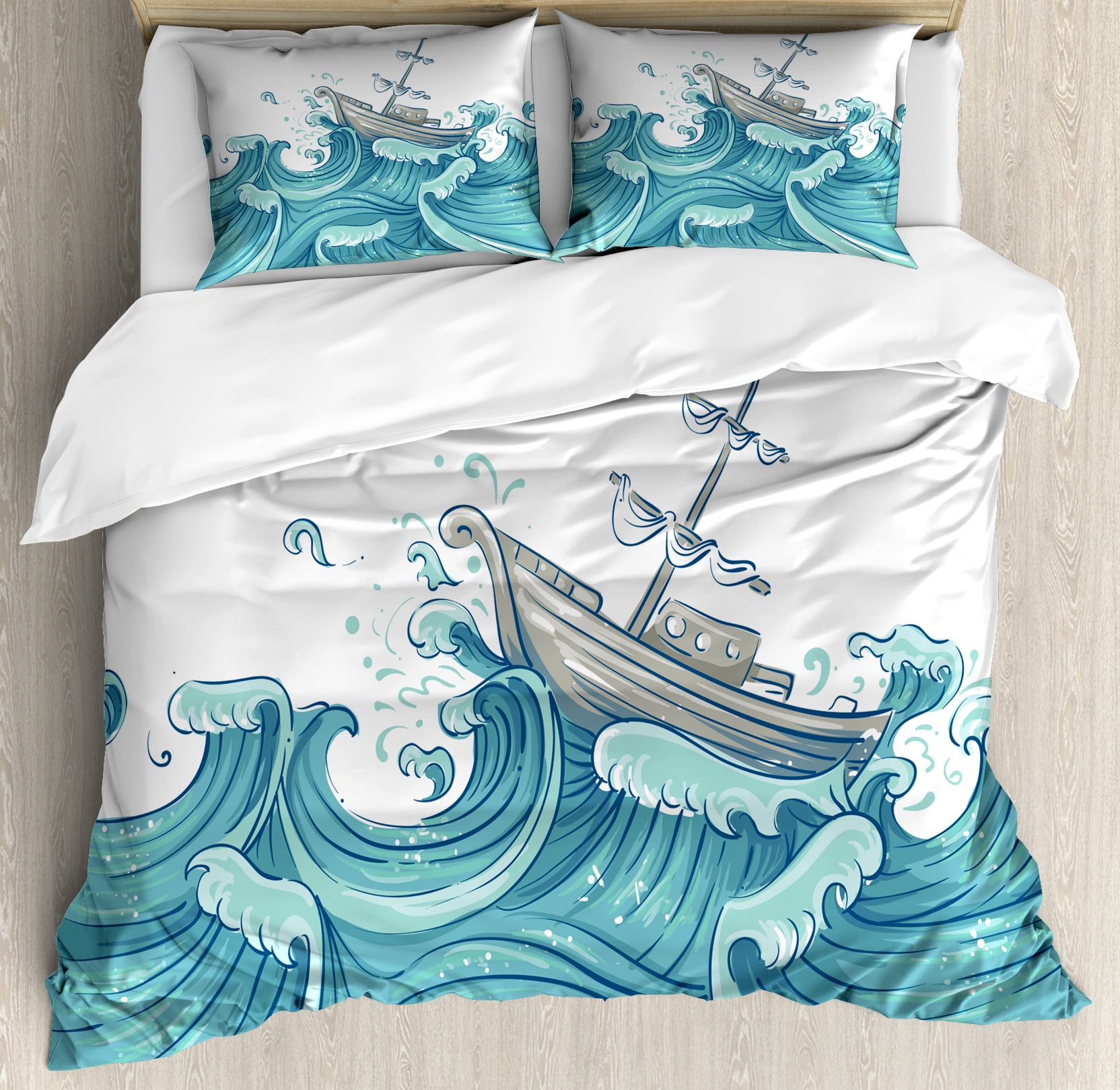 Nautical Duvet Cover Set, Ship Being Tossed by Giant Ocean Waves ...