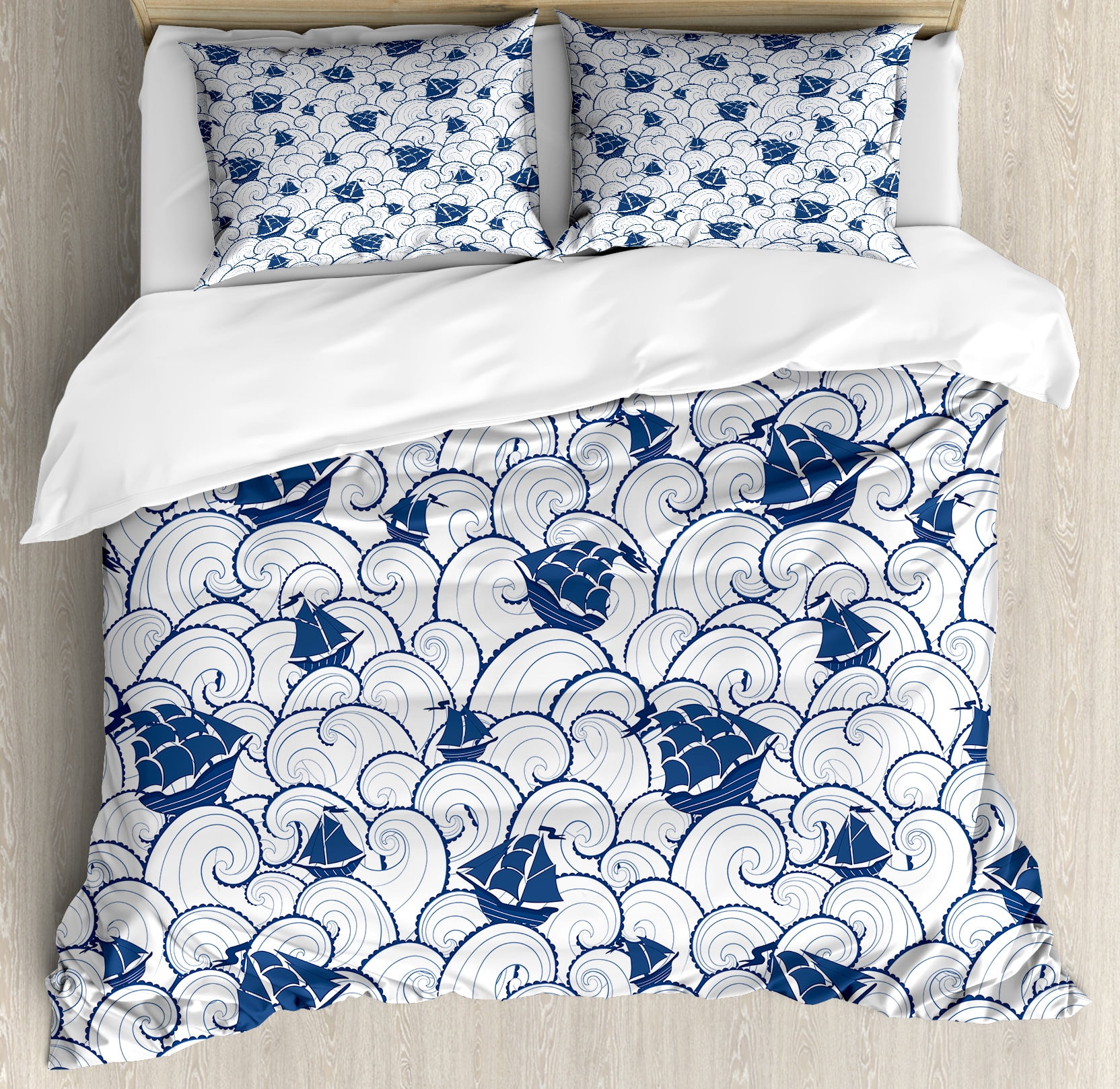 Nautical Duvet Cover Set, Ship on Marine Spiral Waves Cruising Boat on ...