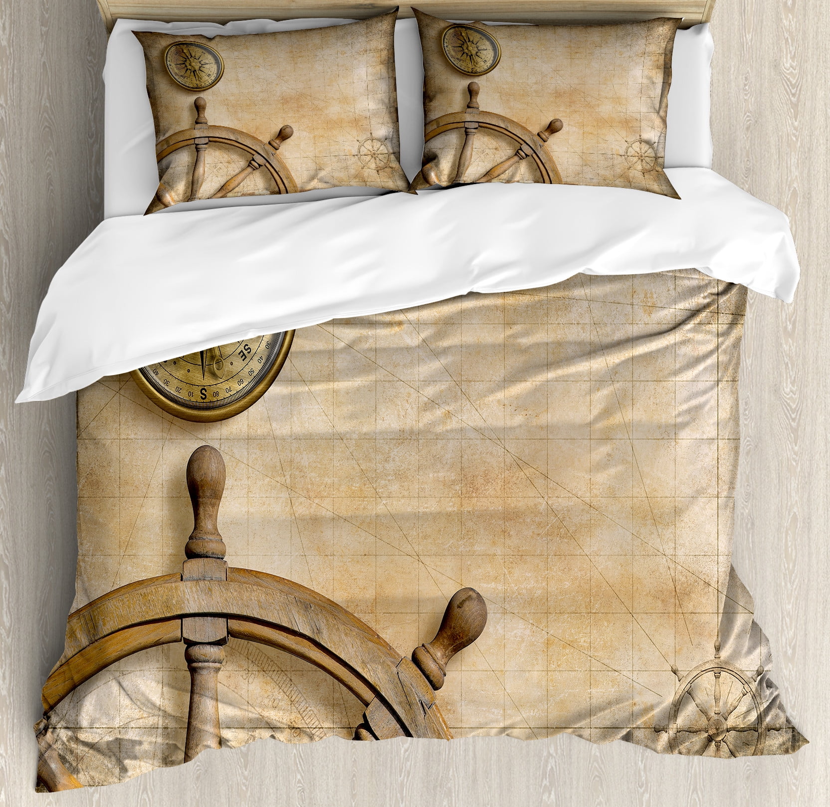 Nautical Duvet Cover Set, Steering Wheel Compass Vintage Map Setting ...