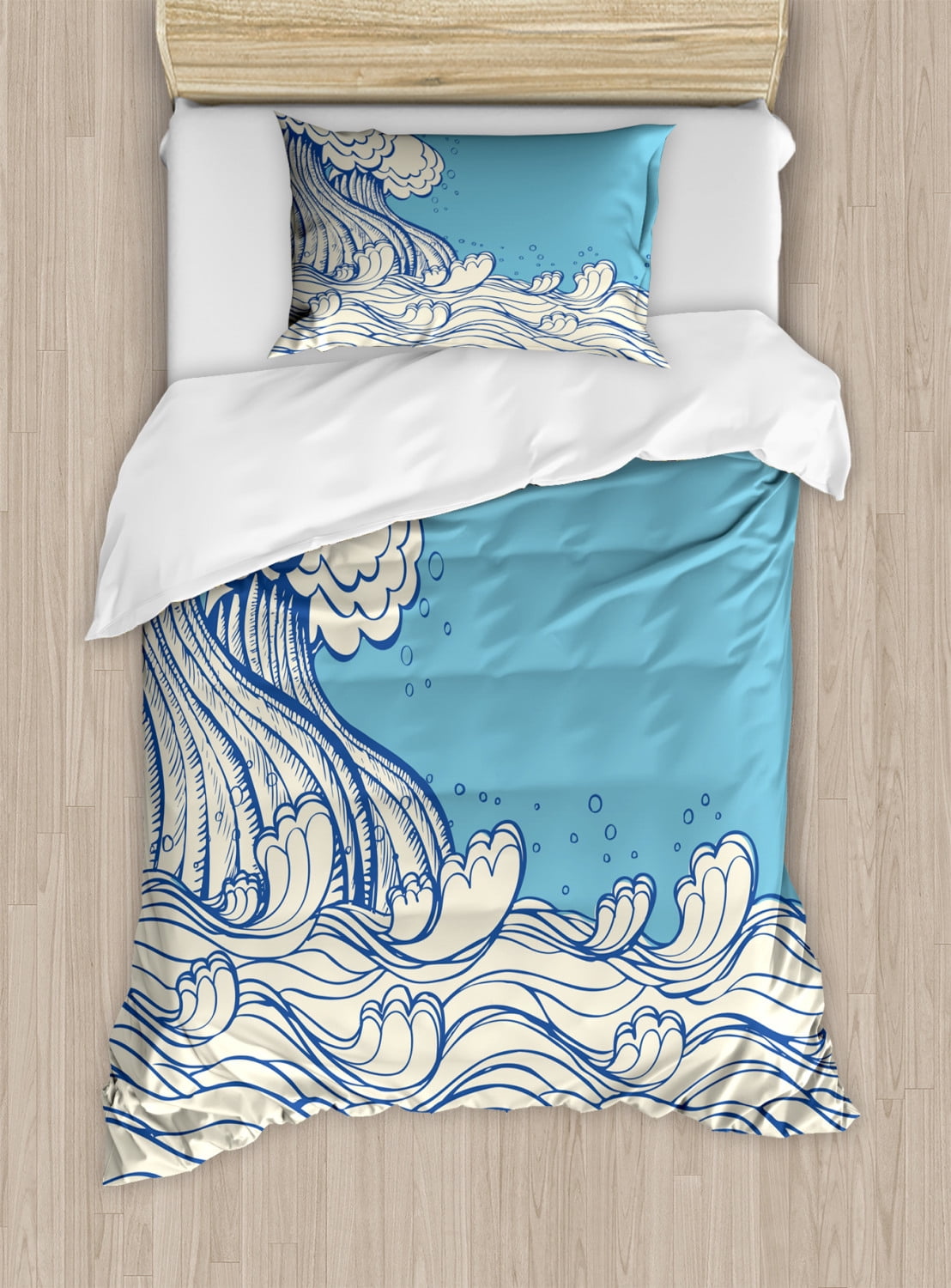 Nautical Duvet Cover Set Twin Size, Abstract Doodle Style Wave in the ...