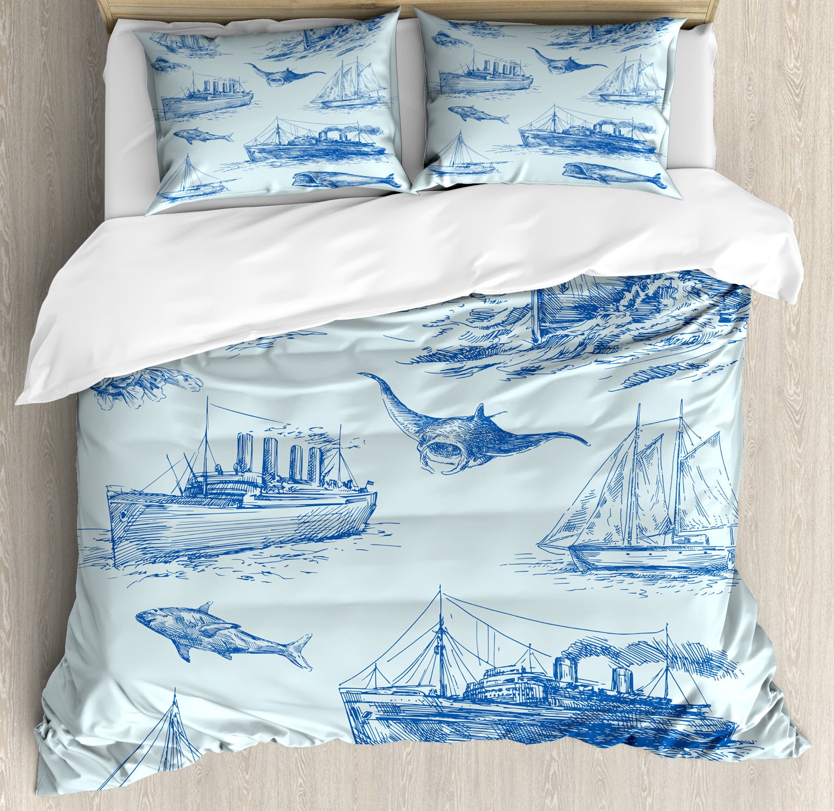 Nautical Duvet Cover Set, Nautical Underwater Wildlife Shark Boat Ships ...