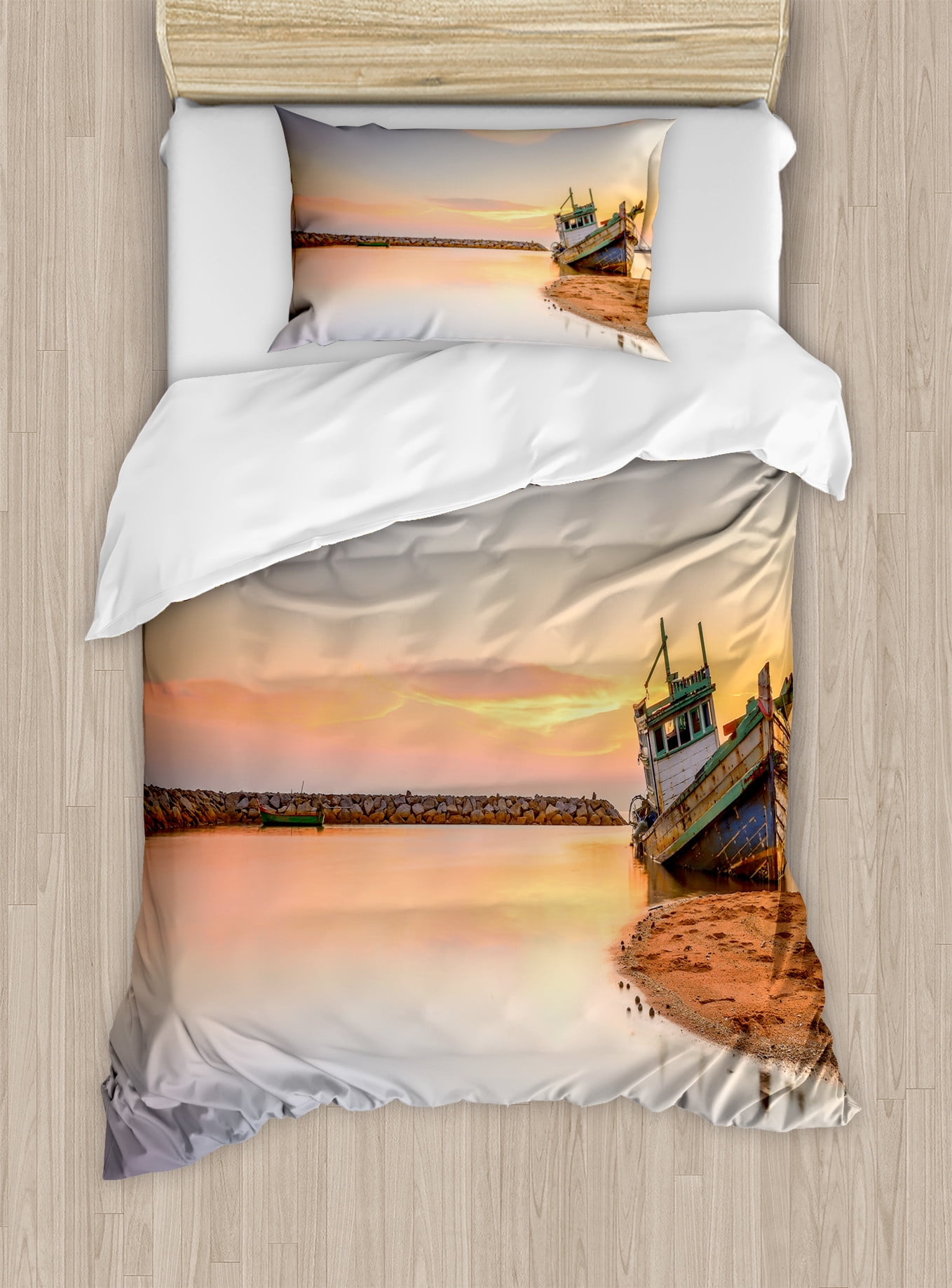 Nautical Duvet Cover Set, Vessel on Coast Long Exposure Dramatic Sunset ...