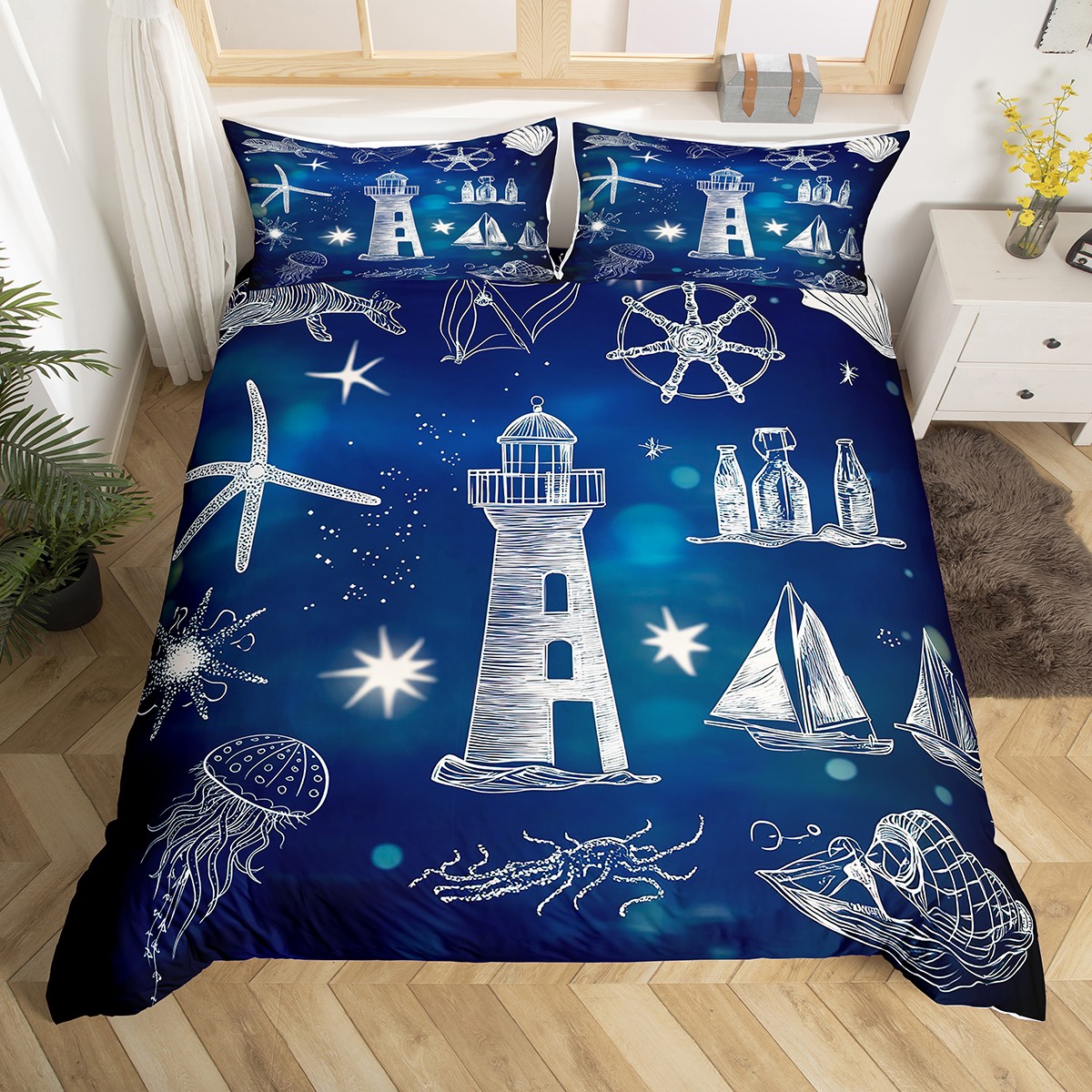 Nautical Duvet Cover Set Vintage Lighthouse Bedding Sets,Retro Sailboat ...