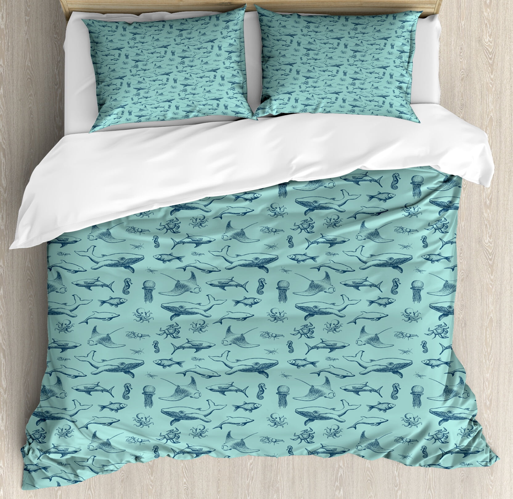 Nautical Duvet Cover Set, Vintage Marine Style Pattern with Whale Shark ...